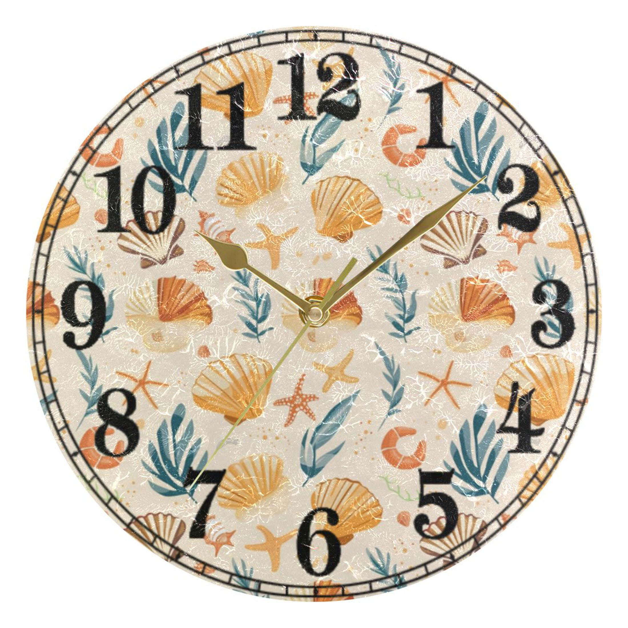Sea Shells and Palm Leaves Silent Wall Clock 10" Non-Ticking Battery ...