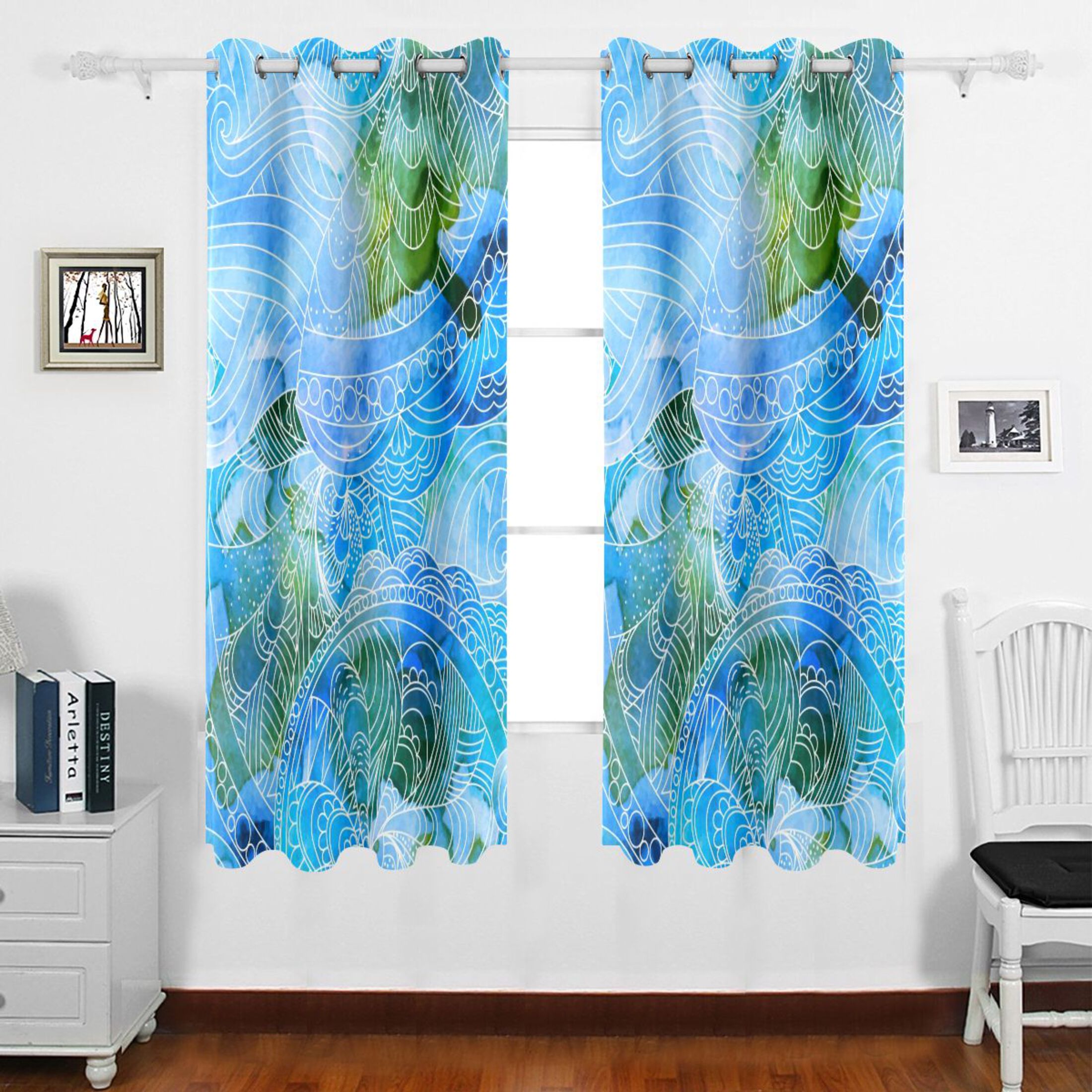 Sea Shells with Blue Grommet Blackout Curtains Thermal Insulated Window ...