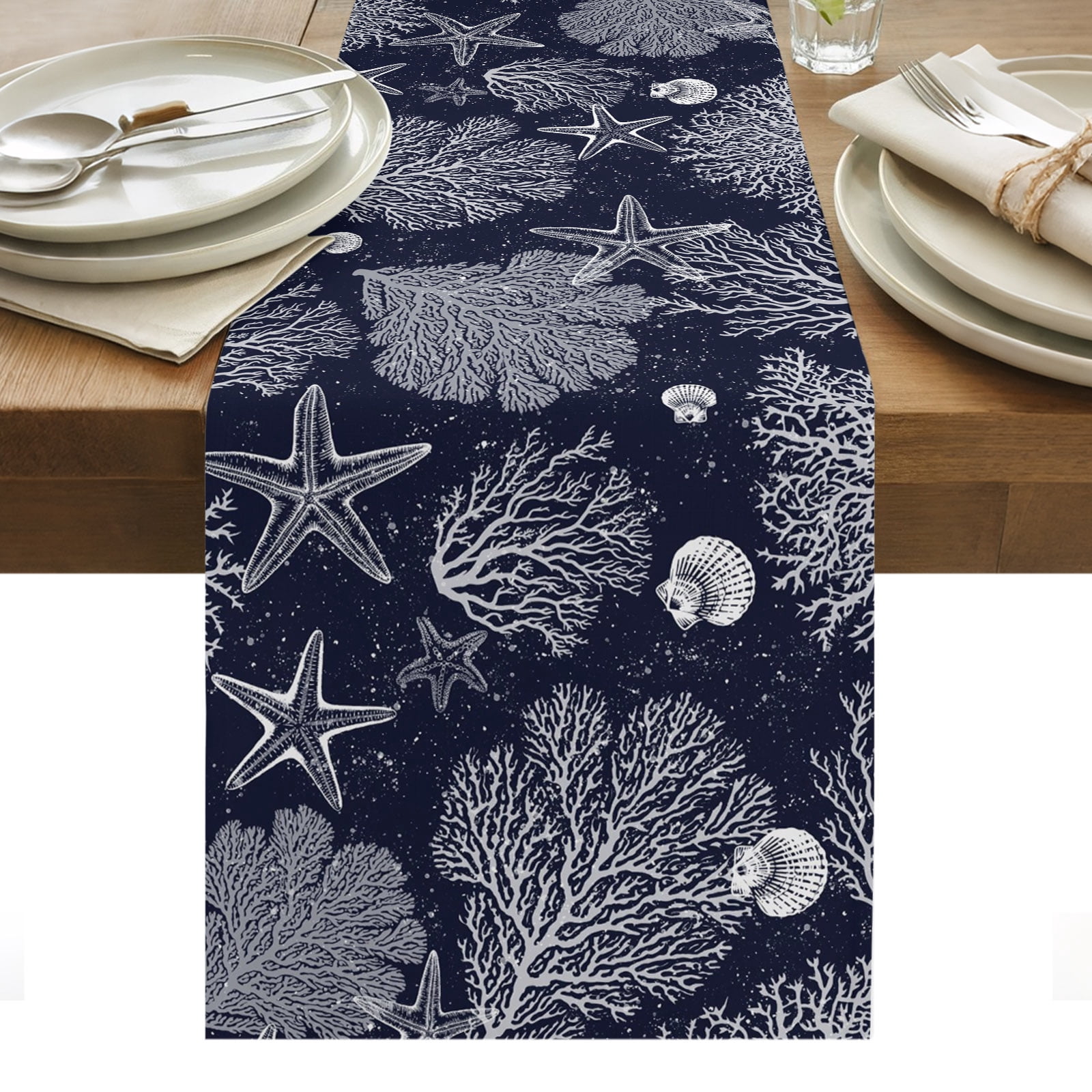 Sea Stars Cotton Linen Table Runner Retro Corals Shells Sea Stars Navy ...