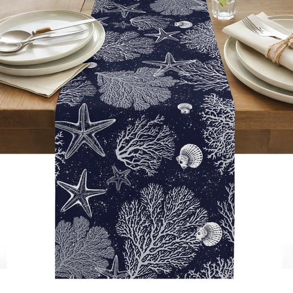 Sea Stars Cotton Linen Table Runner Retro Corals Shells Sea Stars Navy ...
