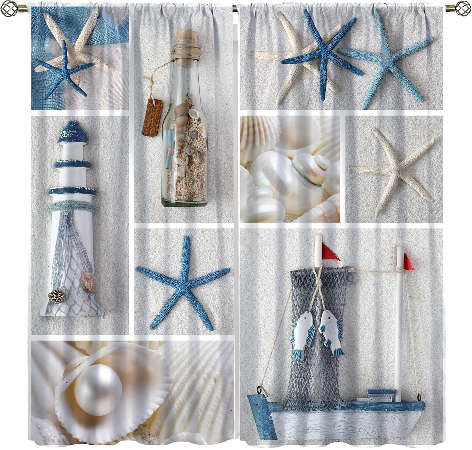 Sea Stars Curtains,Vintage Patchwork Sea Animals Lighthouse Coral Shells Pearls Farmhouse Coral ...