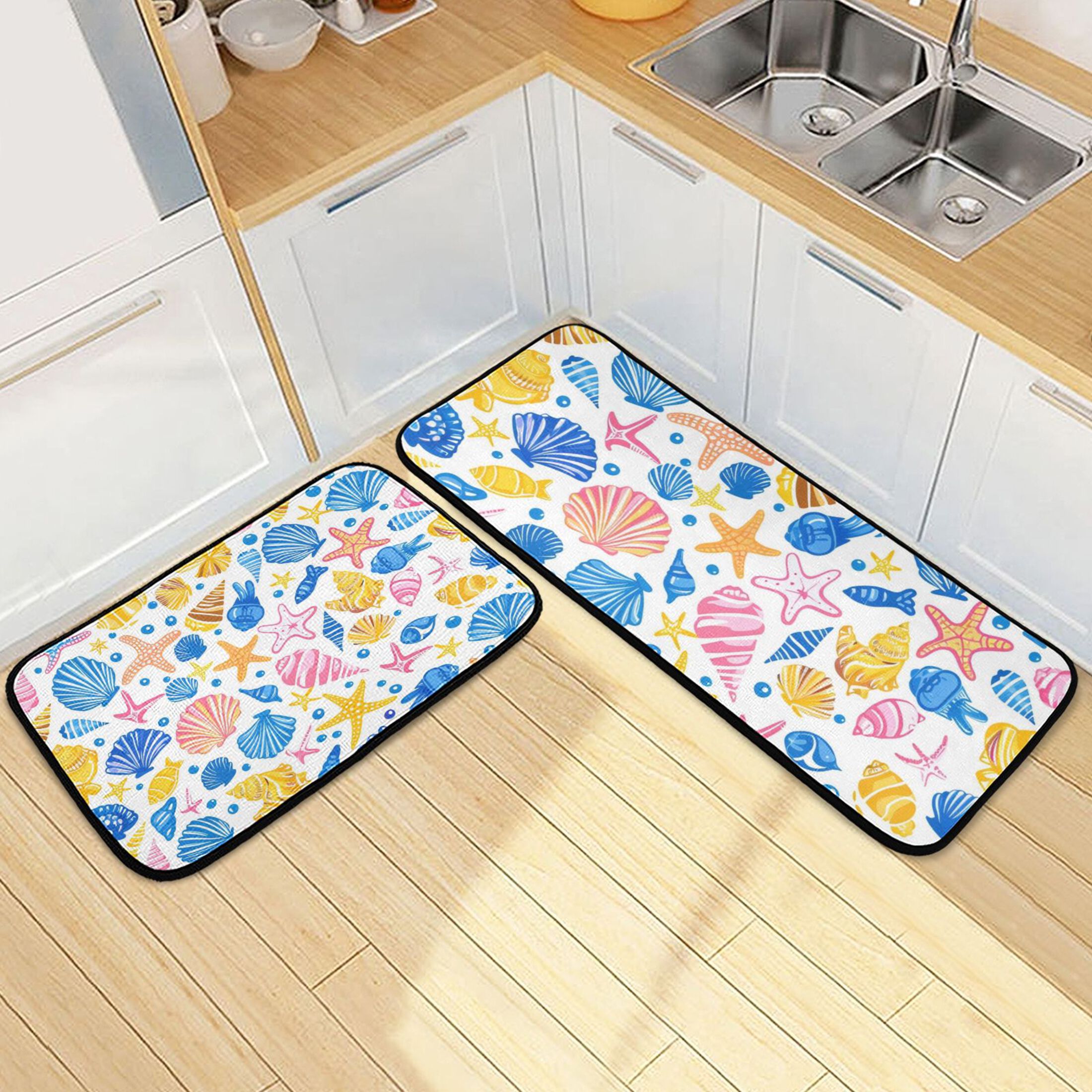 Sea Stars and Shells Kitchen Rugs Set of 2 Non Slip Floor Foam Mat ...