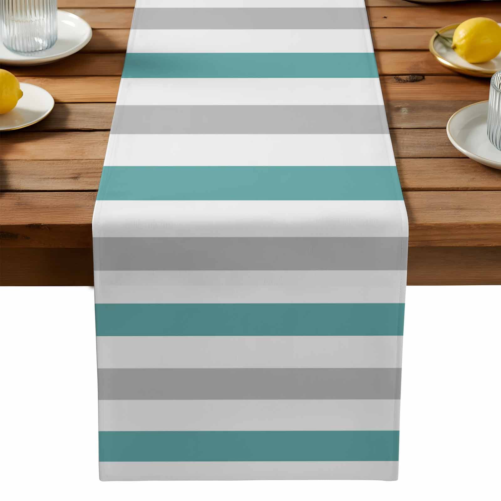 Sea Striped Table Runner, Turquoise Grey White Cotton Linen Tablecloth ...