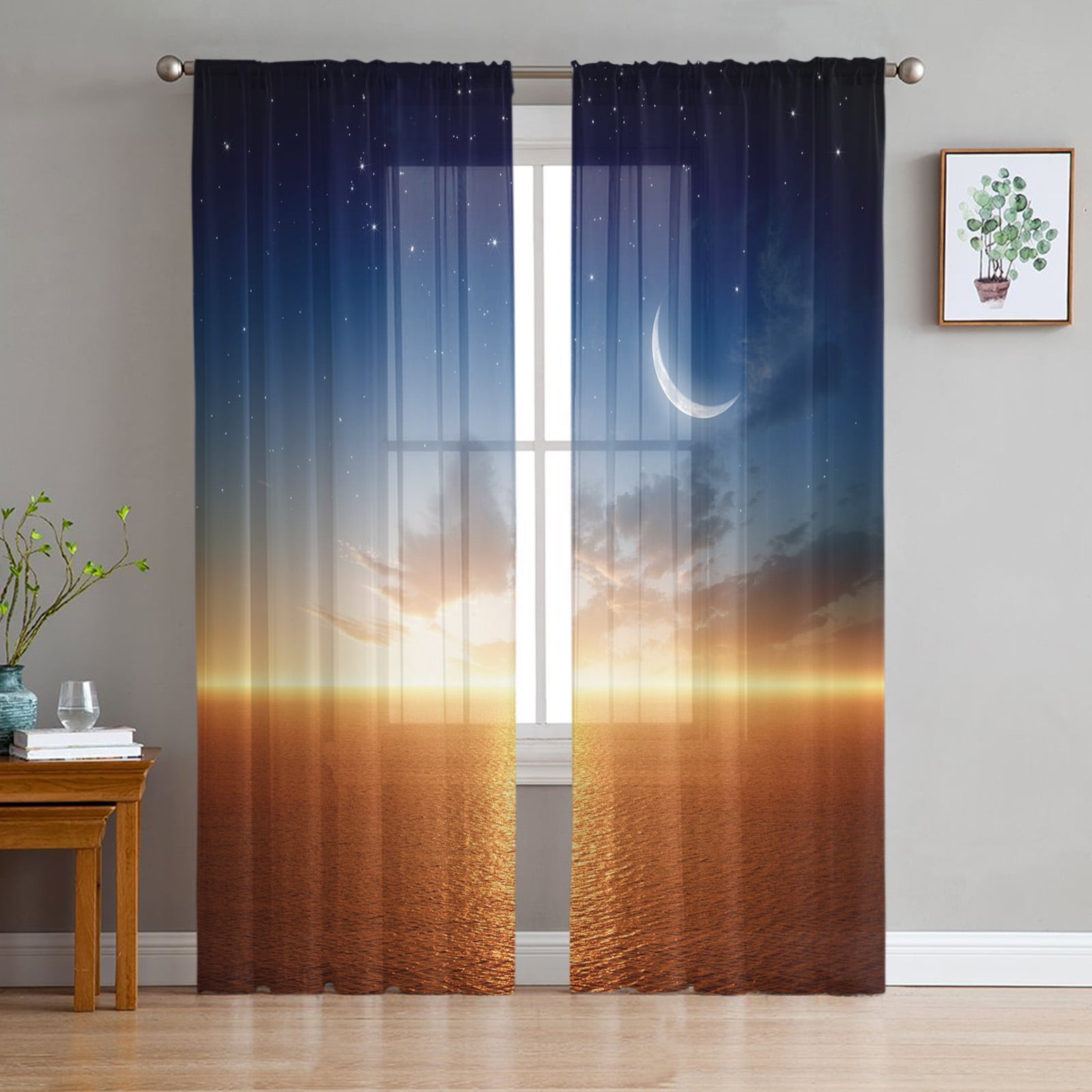 Sea Sunset Moon Stars Tulle Curtains for Living Room Bedroom ration ...