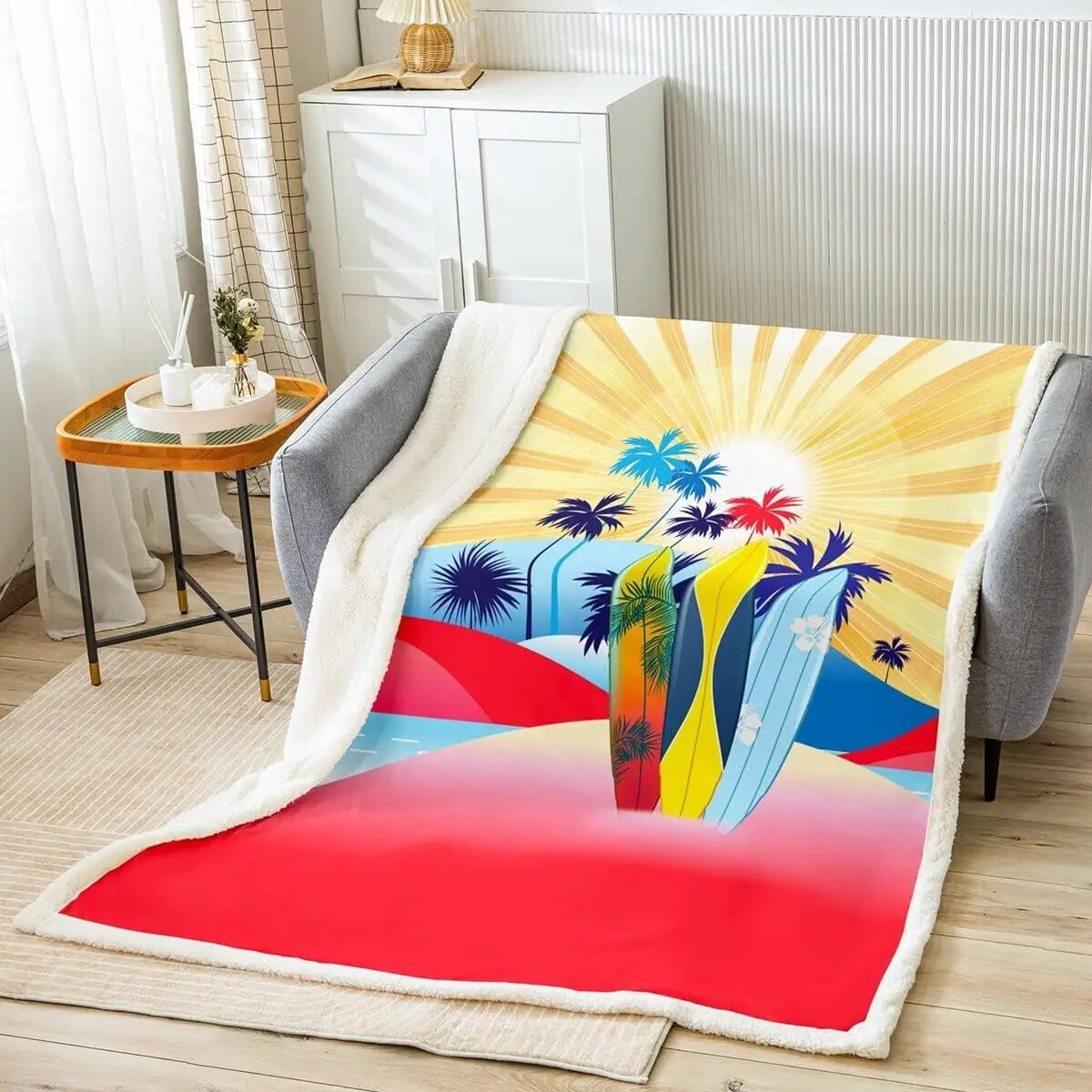 Sea Surfboard Bed Throws Tropical Ocean Palm Trees Plant Throw Blanket ...