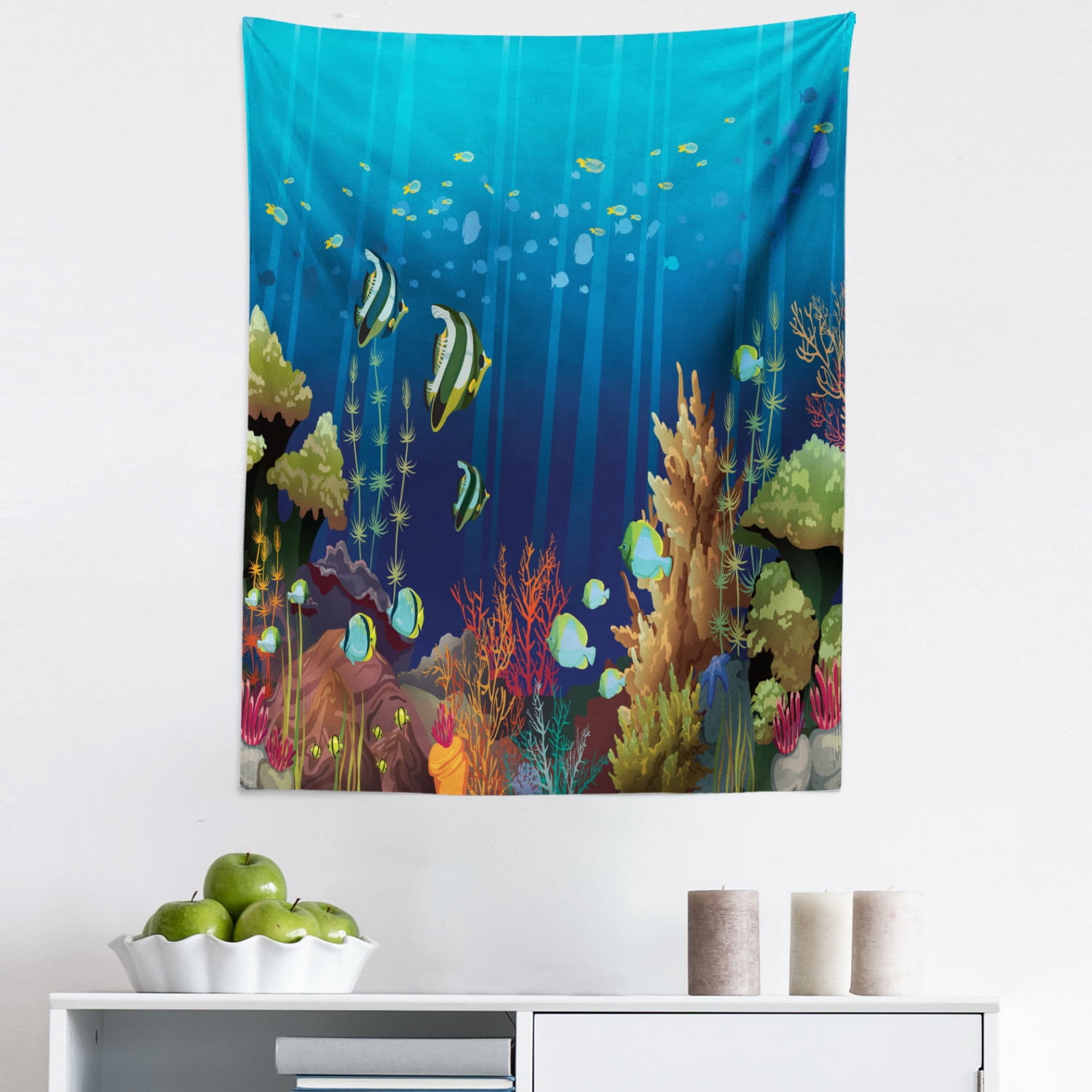Under the Sea Tapestry, Coral Reef with Sea Creatures Tropical Oceanic ...