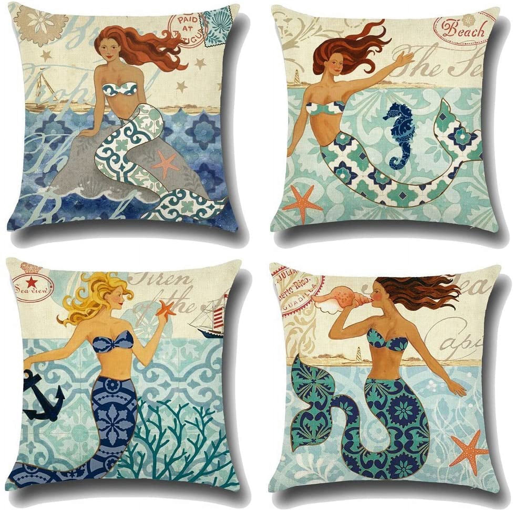 Sea Theme Decorative Square Mediterranean Style Cotton Linen Mermaid ...