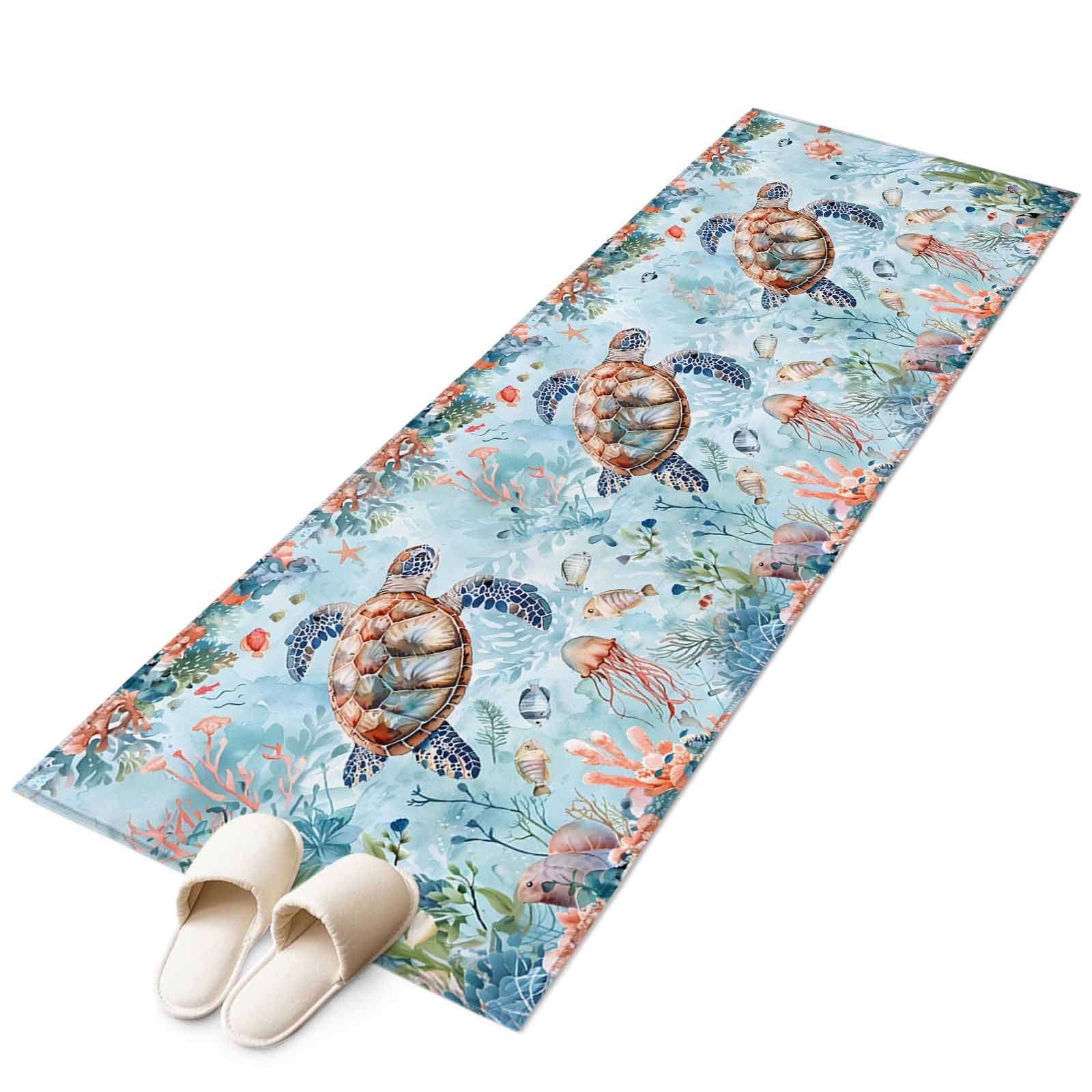 Sea Turtle 2'x6' Runner Rug, Summer Beach Coastal Nautical Coral Blue ...