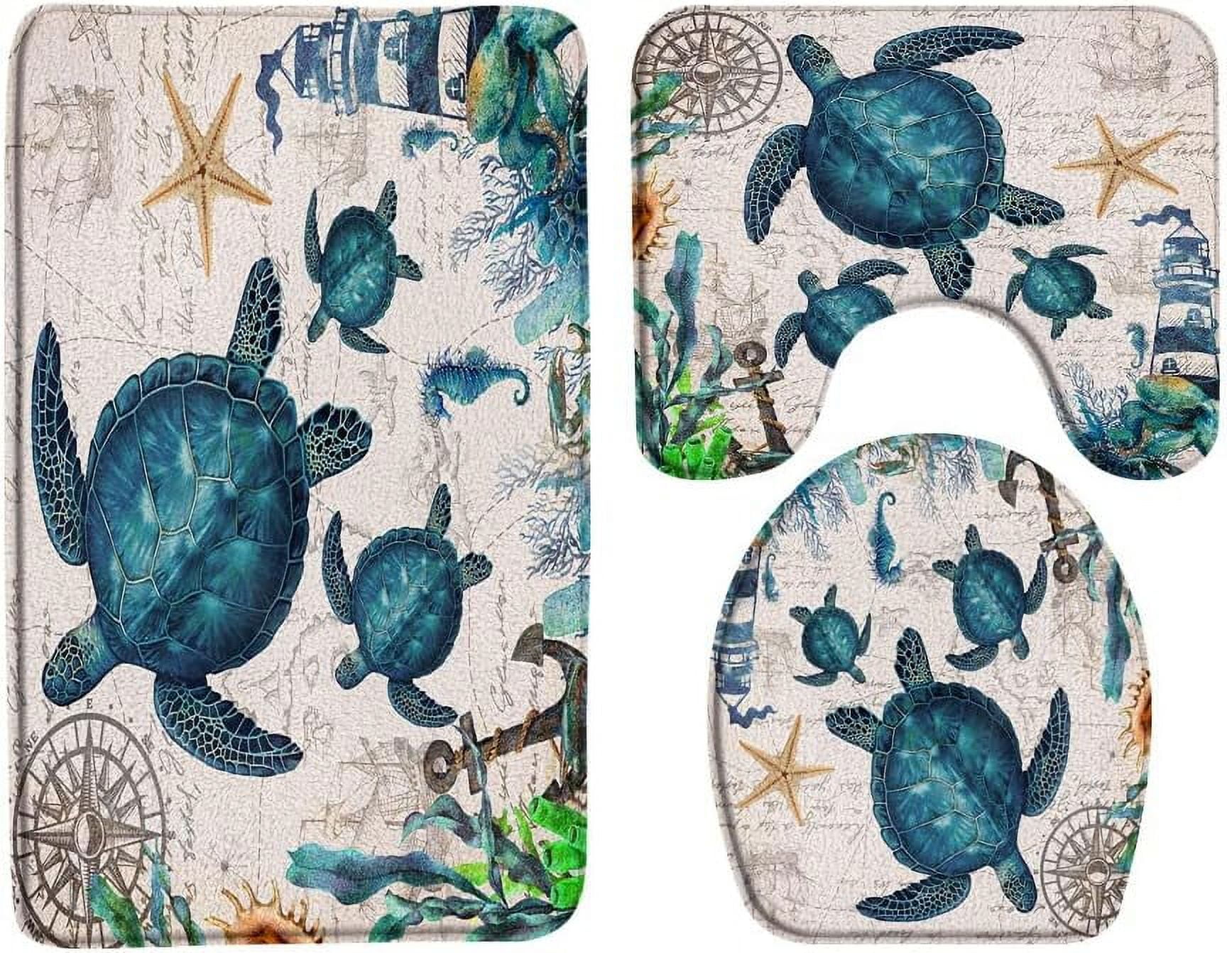 Sea Turtle 3 Piece Bath Mat Seahorse Starfish Vintage Nautical Map ...