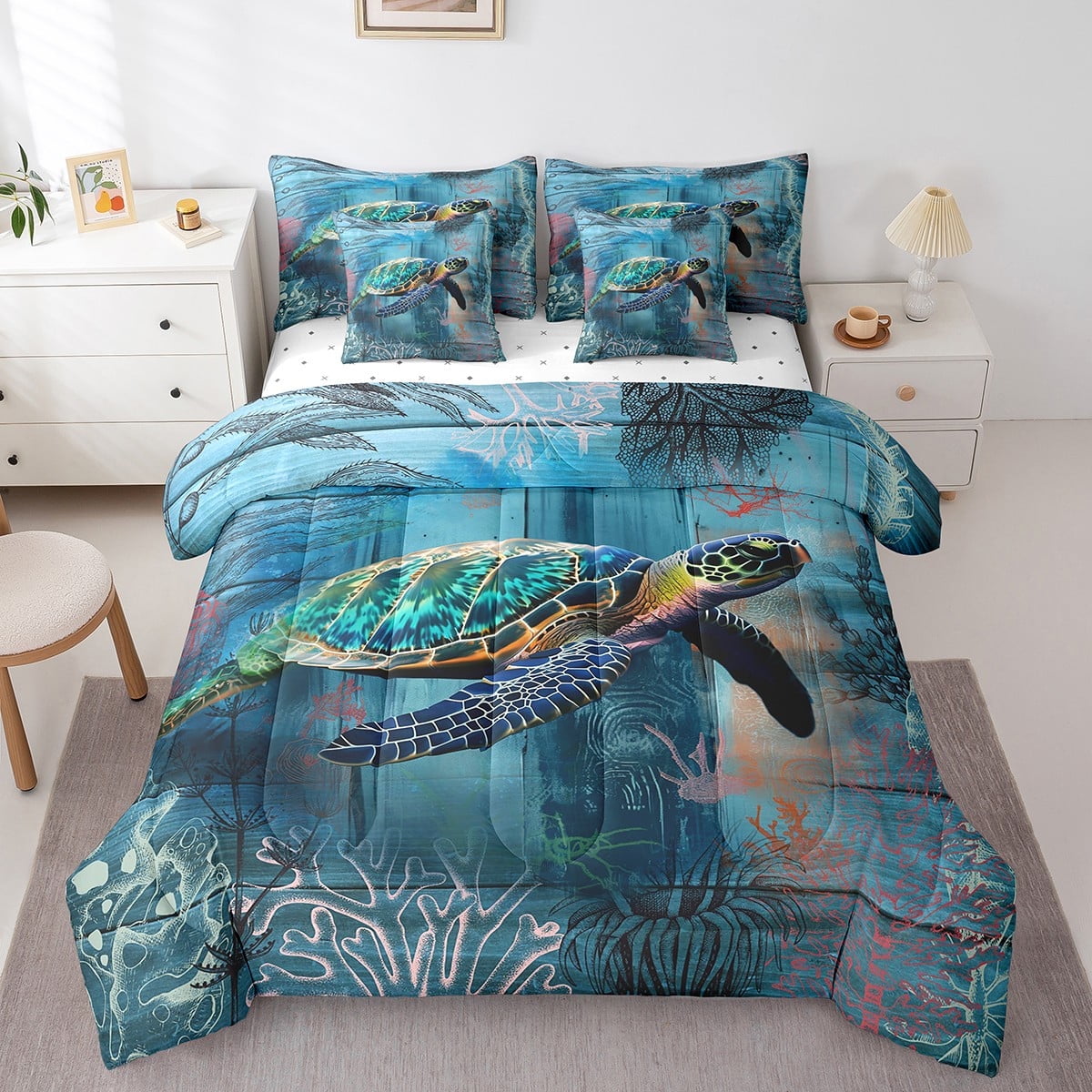 Sea Turtle 7 Piece Comforter Set Full Bed in a Bag,Marine Life Ocean ...