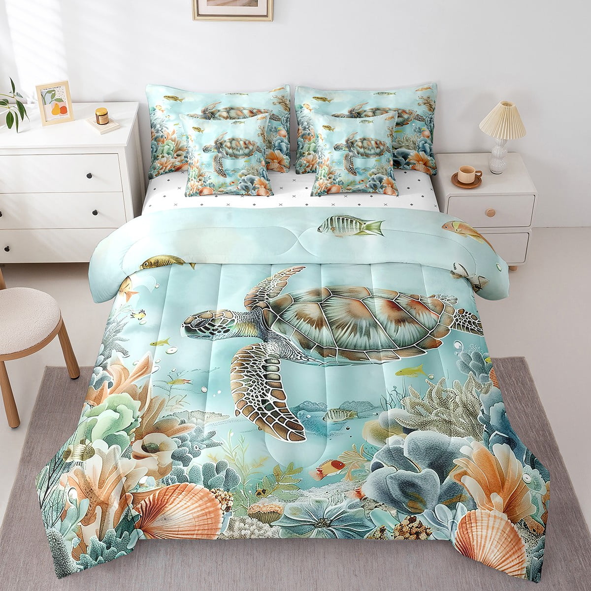 Sea Turtle 7 Piece Comforter Set Full Bed in a Bag,Ocean Tortoise Bedding Set Nautical Sea ...