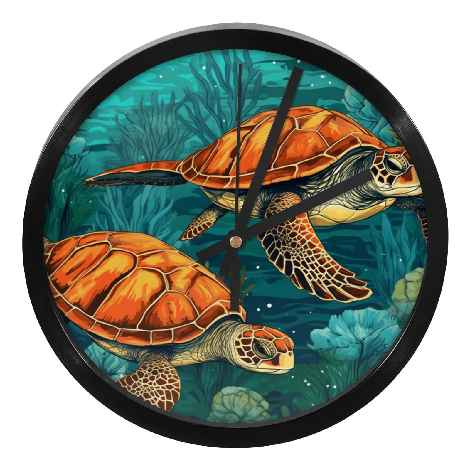 Sea Turtle 9.8-Inch Round Wall Clock, Silent Non-Ticking Digital Clock ...