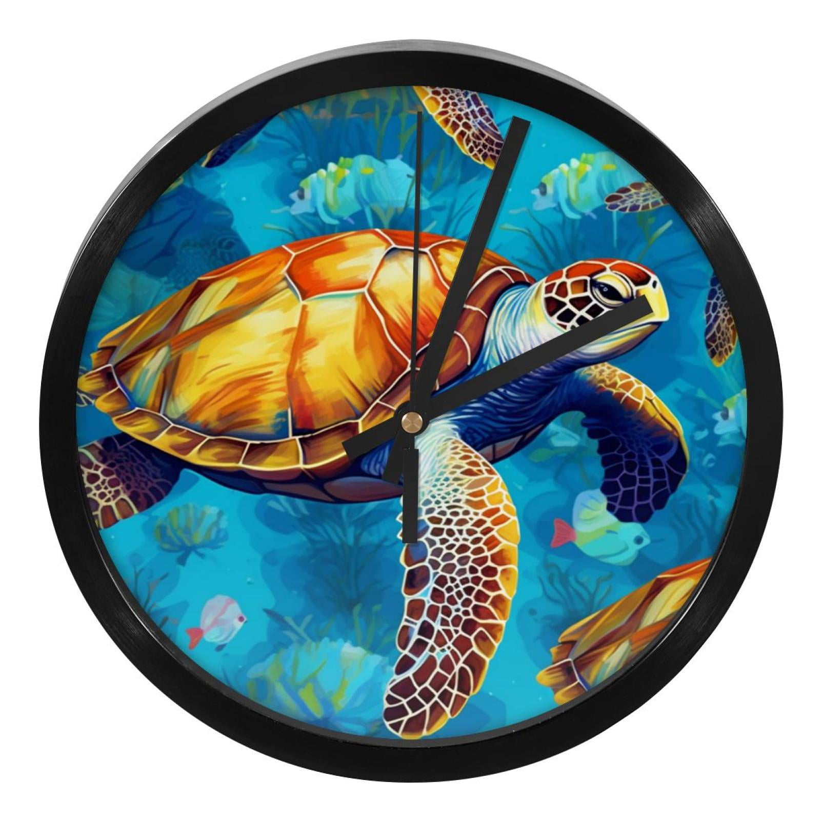 Sea Turtle 9.8 Inch Silent Non-Ticking Round Digital Wall Clock, Battery Operated, Easy-to-Read ...
