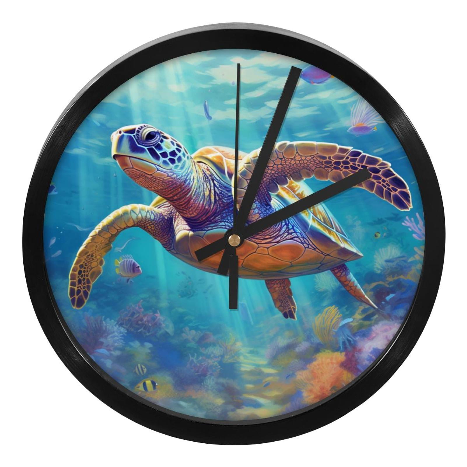 Sea Turtle 9.8 Inch Silent Round Digital Wall Clock - Battery Operated ...