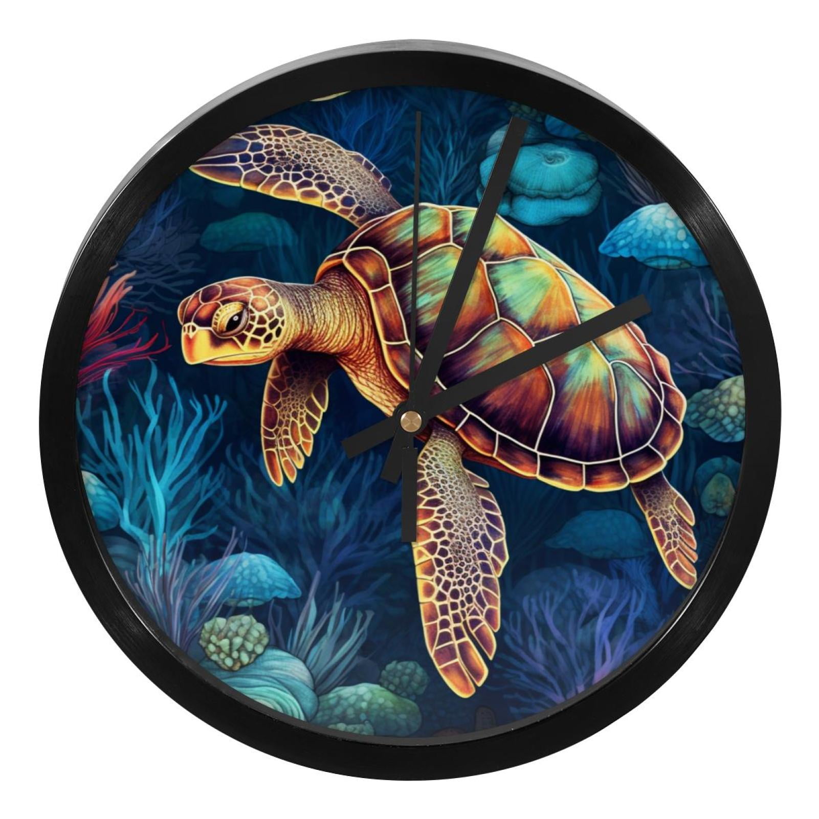 Sea Turtle 9.8 Inch Silent Round Digital Wall Clock, Battery Operated ...