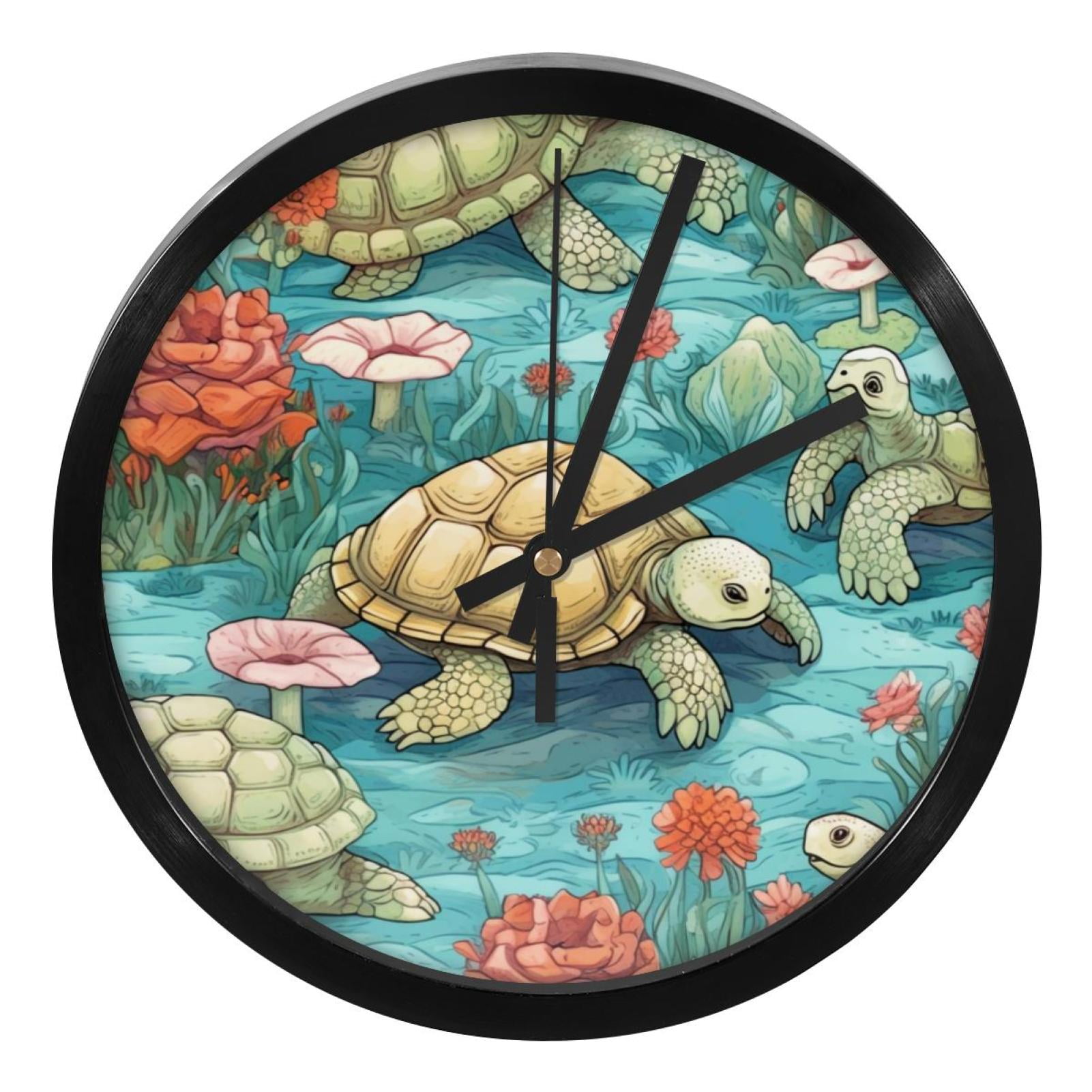 Sea Turtle 9.8 Inches Silent Wall Clock, Round Digital Battery Operated ...