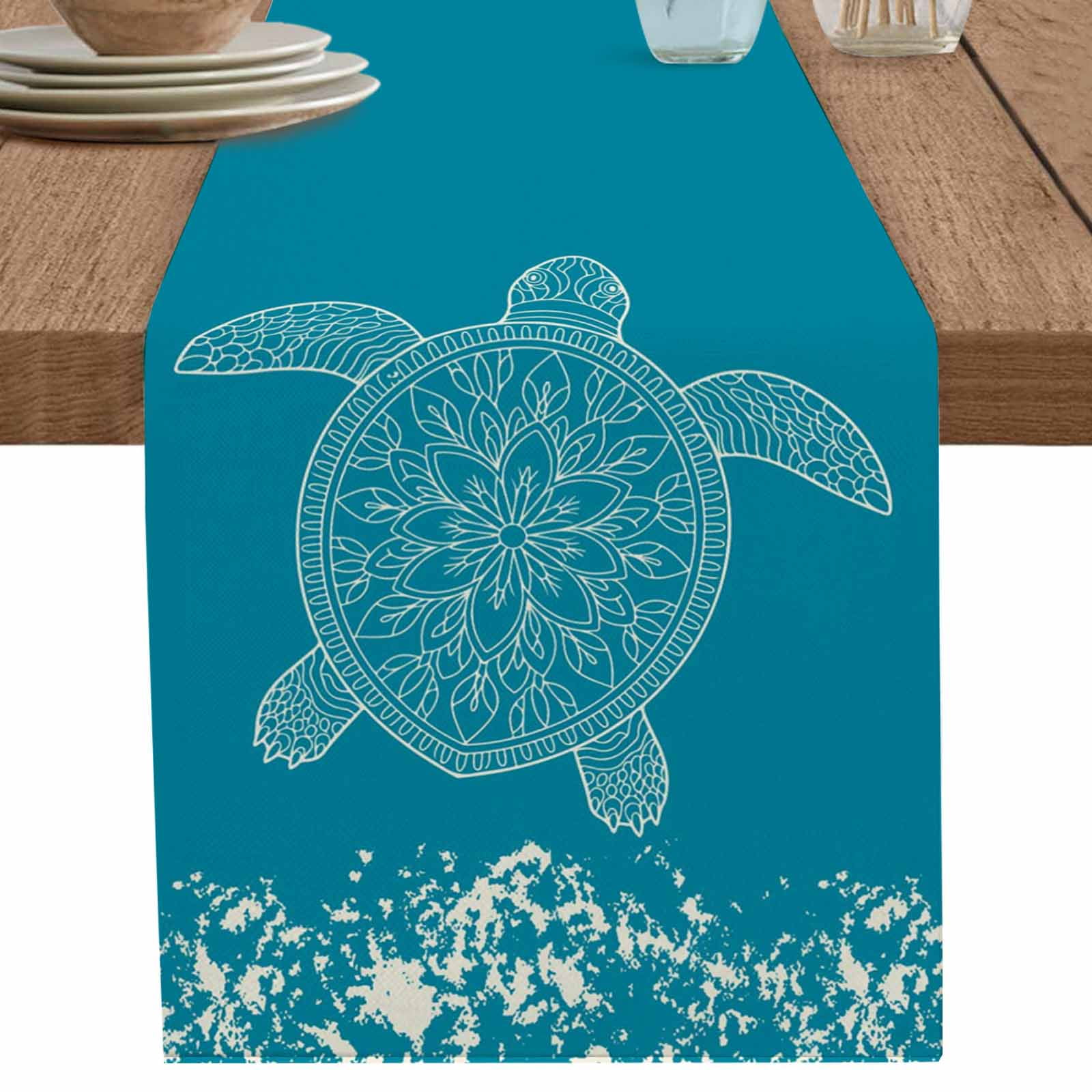 Sea Turtle Abstract Flower on Blue Table Runner-36 Inch Long Underwater ...
