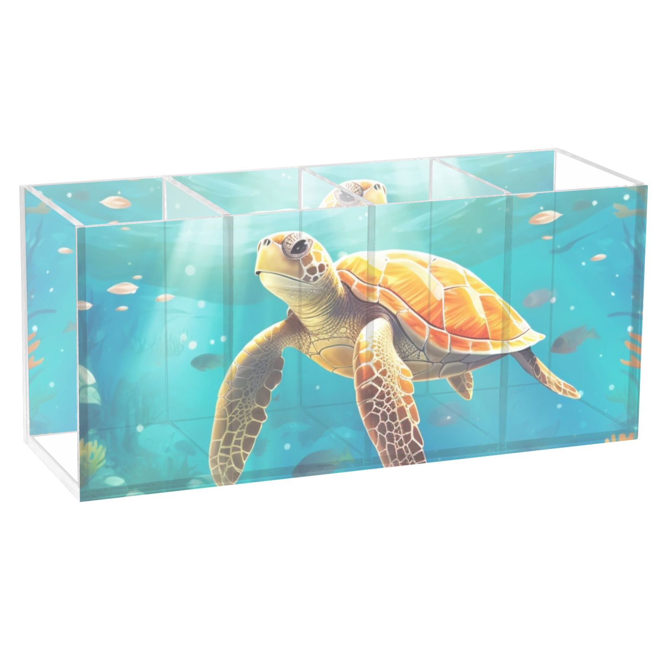 Sea Turtle Acrylic Pen Holder Cup 4 Compartments Clear Pencil Organizer ...