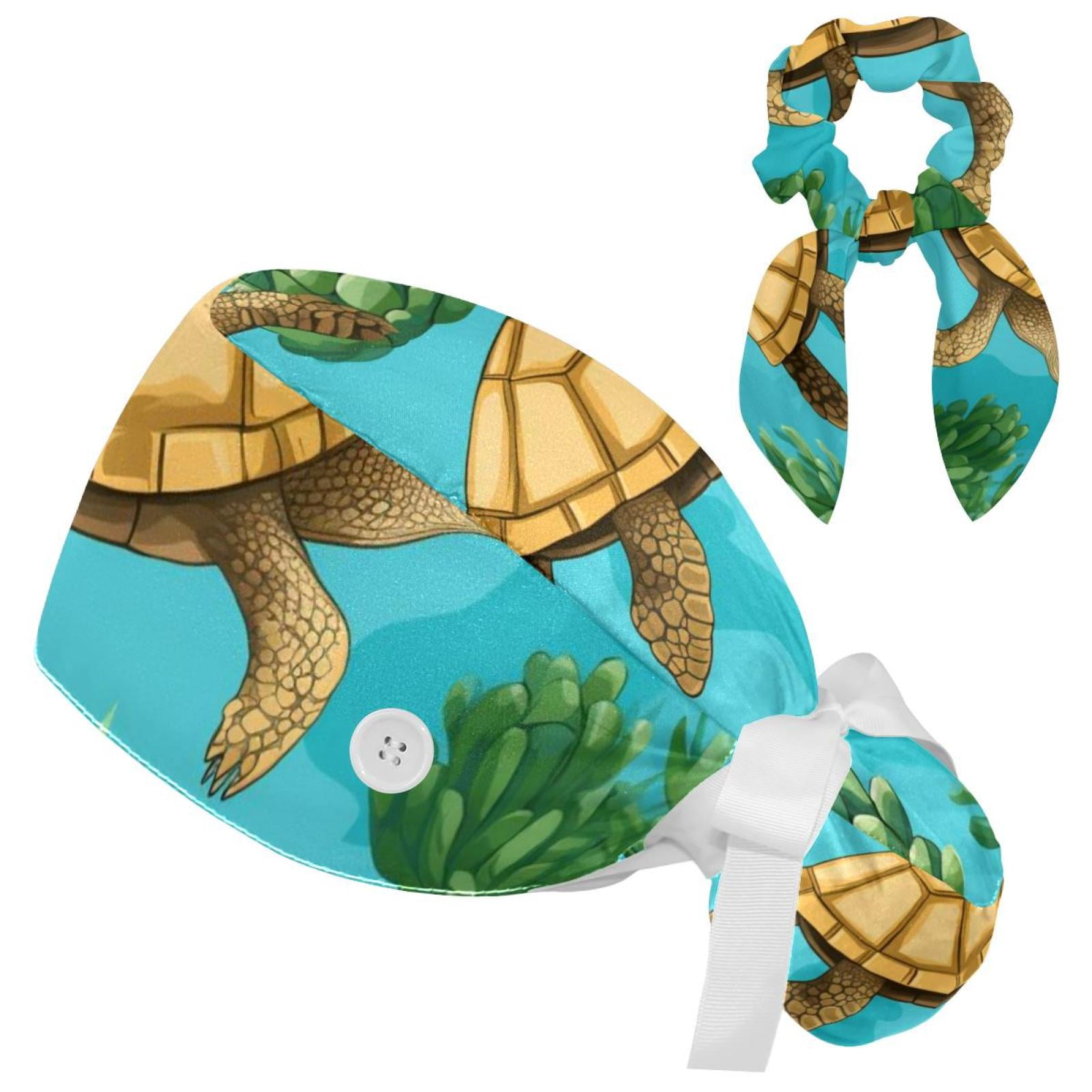 Sea Turtle Adjustable Women Scrub Cap with Buttons Bow Hair Scrunchy ...