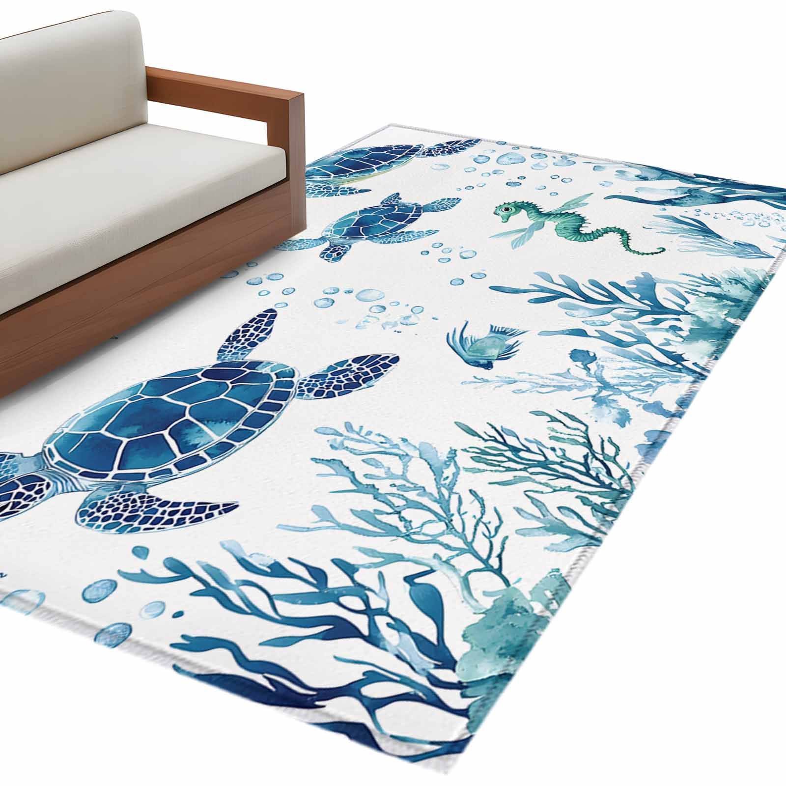 Sea Turtle Area Rug 3x5ft Watercolor Retro Blue Marine Life Seahorse ...
