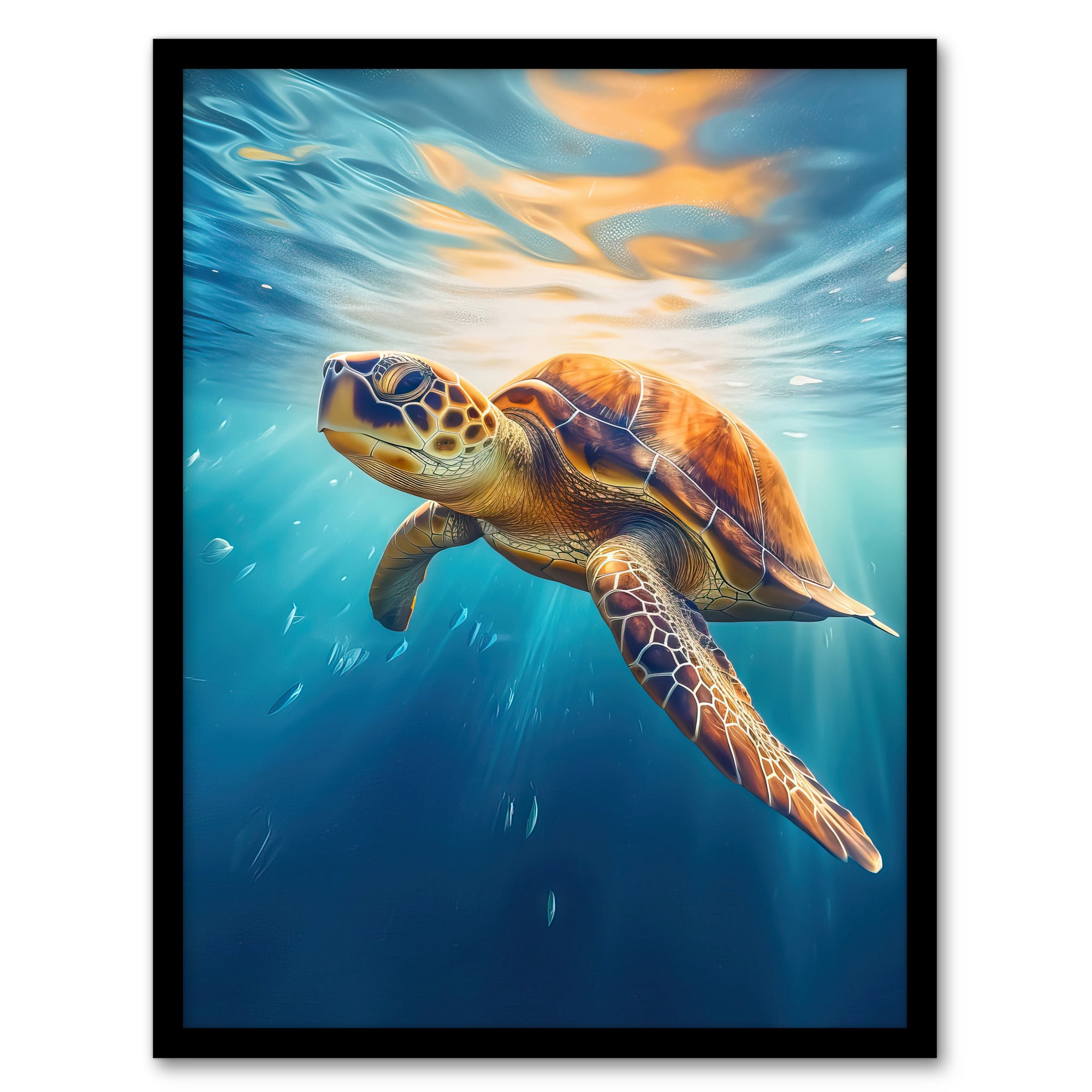 Sea Turtle Barbados Marine Swimming Blue Clear Water Art Print Framed ...