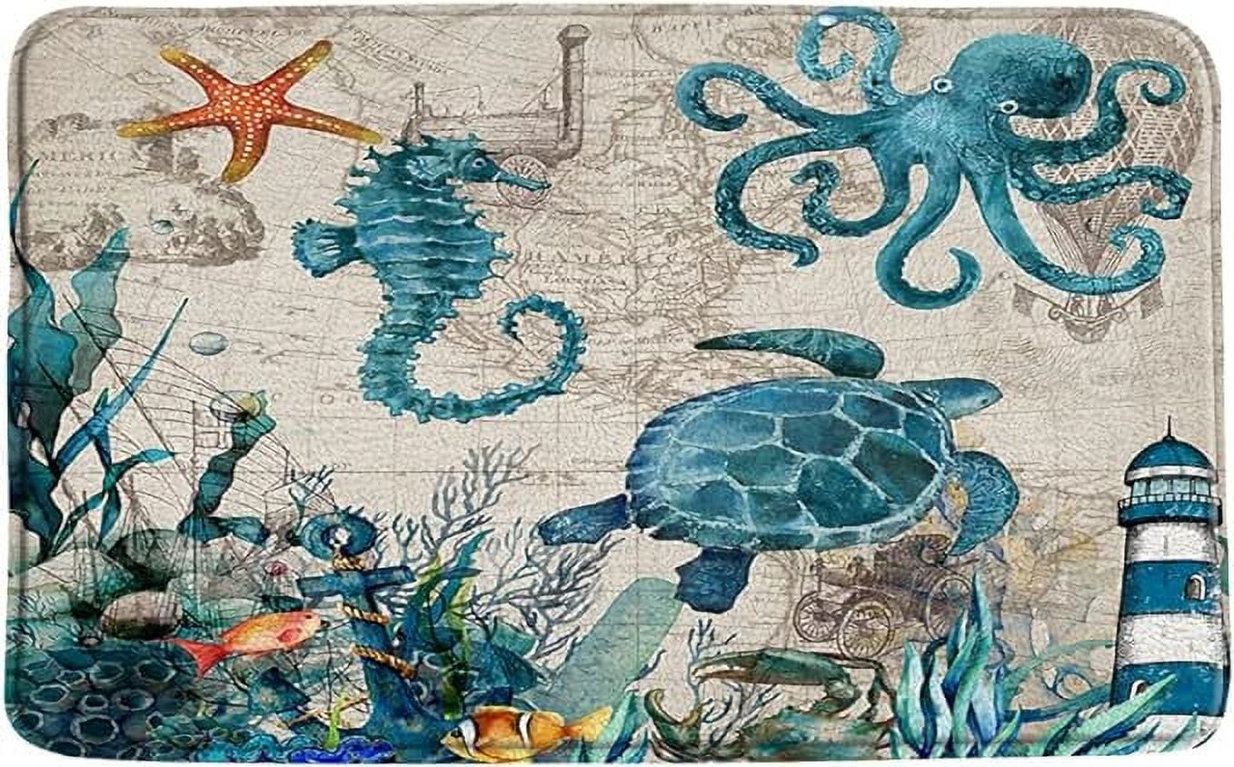 Sea Turtle Bath Mat, Nautical Marine Animal Octopus Seahorse Boho ...