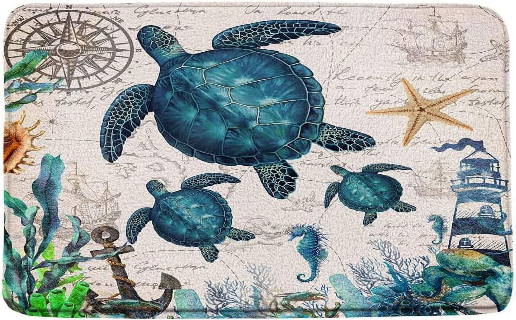 Sea Turtle Bath Mat Seahorse Starfish Vintage Nautical Map Anchor Ocean ...