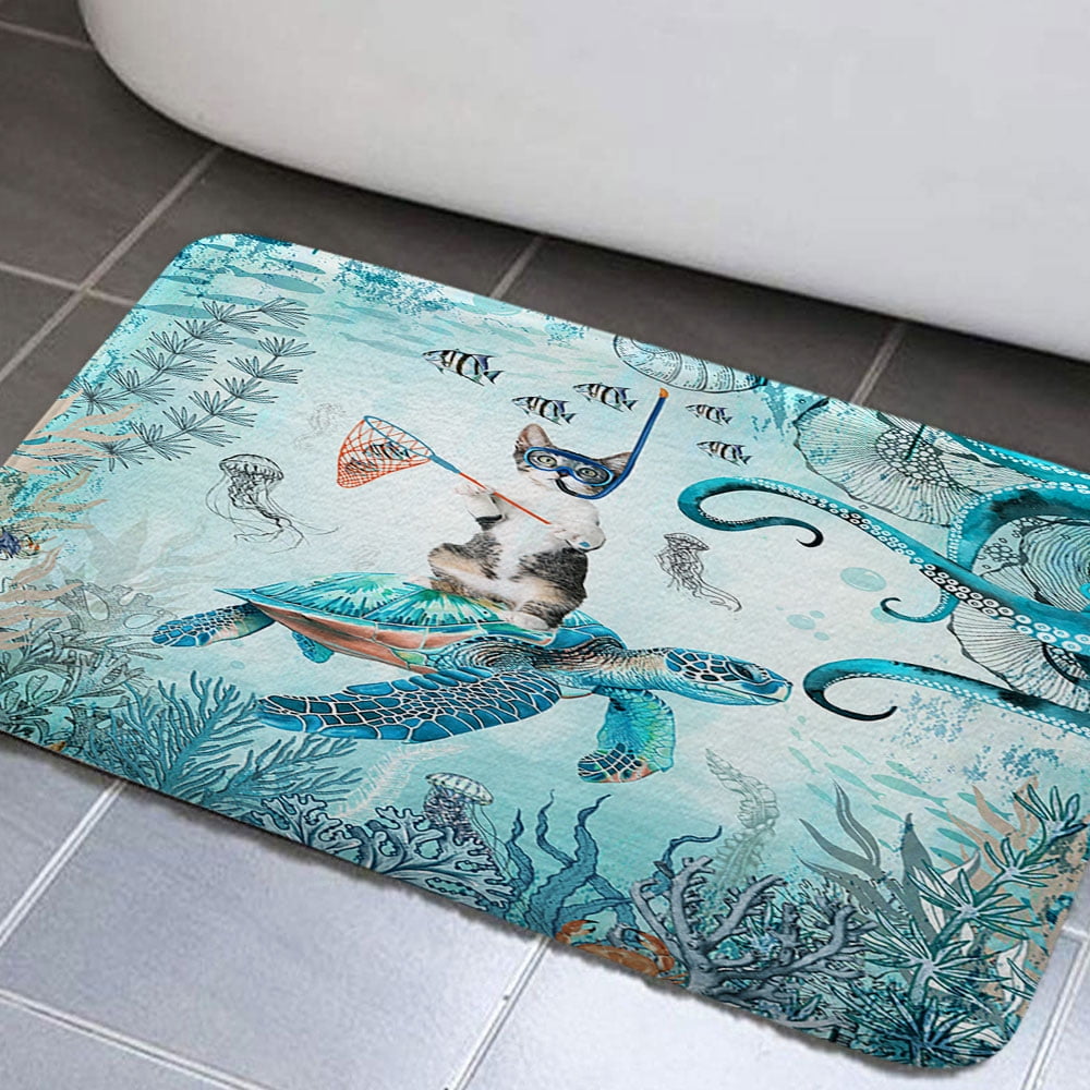 Sea Turtle Bathroom Rugs, Blue Teal Ocean Octopus Bathroom Rugs ...