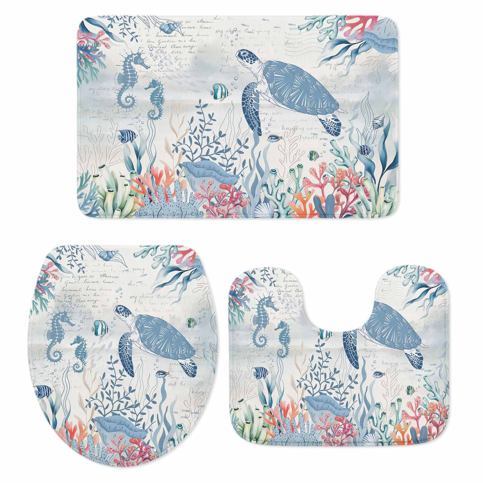 Sea Turtle Bathroom Rugs Set Watercolor Seaweed Fish Coral Seahorse ...