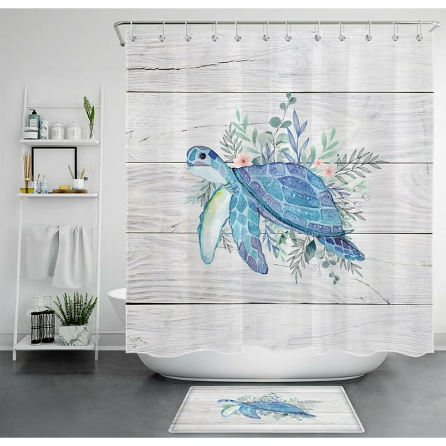 Sea Turtle Beach Decor Shower Curtain Ocean Waves Bathroom Curtain