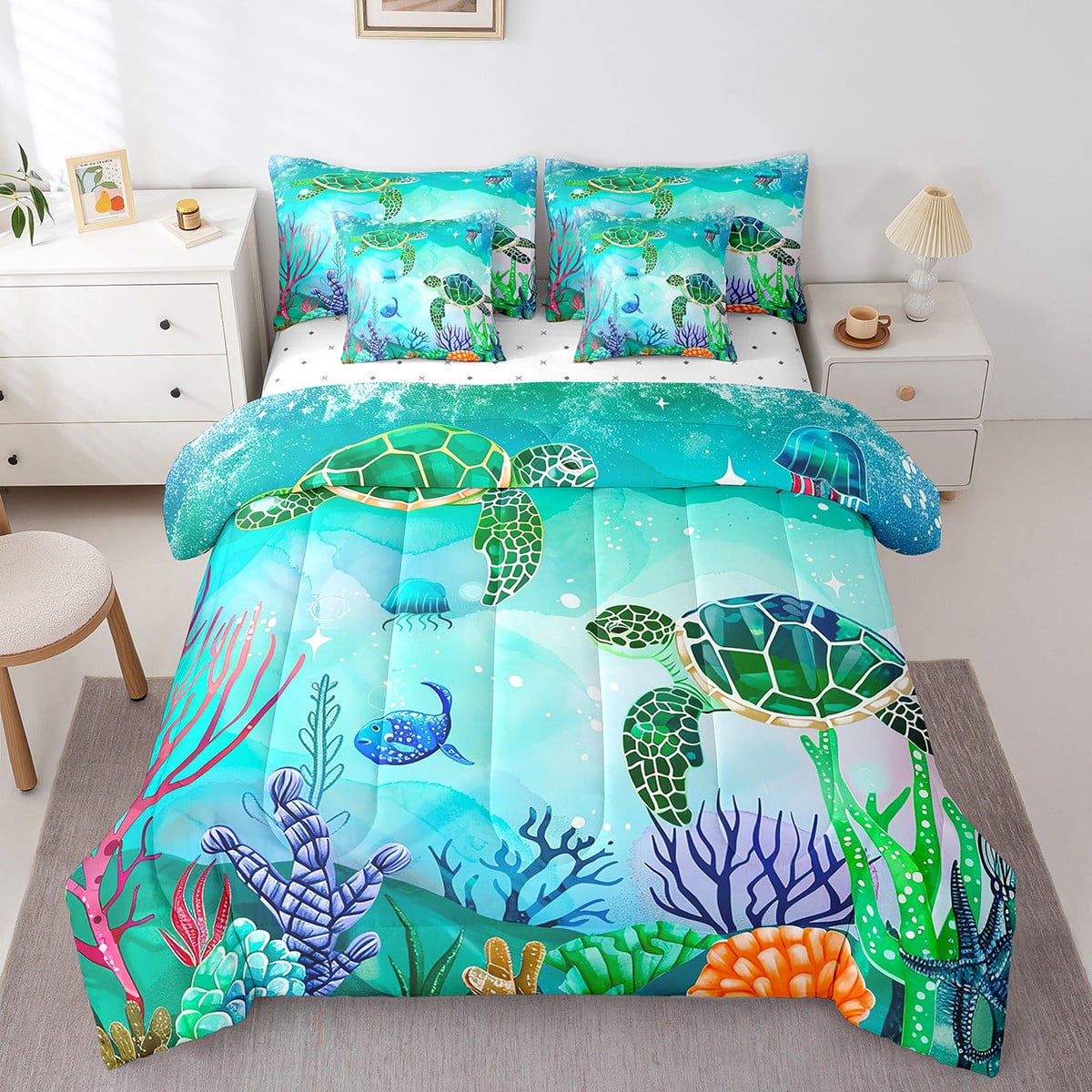 Sea Turtle Bed in a Bag King Size Comforter Set 7 Pieces,Nautical Sea ...