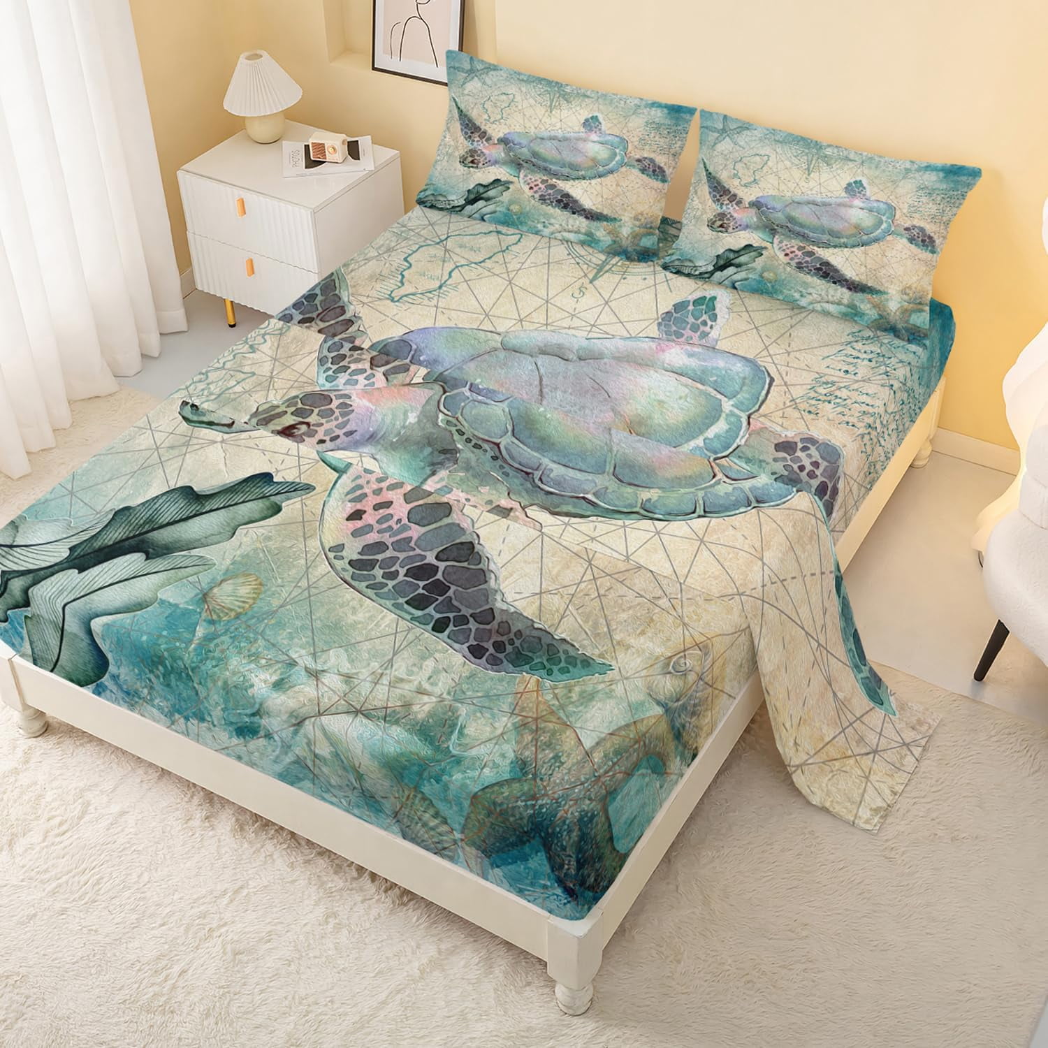 Sea Turtle Bed Sheets Set, Queen Size, Ocean Watercolor Bedding, 1 Flat ...