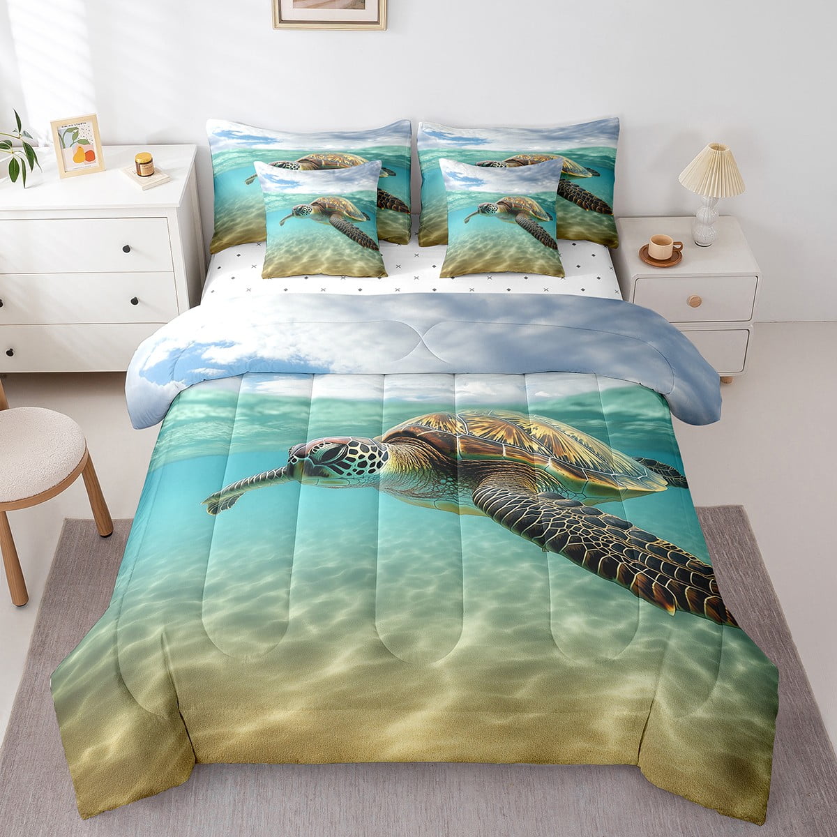 Sea Turtle Bed in a Bag Queen Comforter Set 7 Piece,Ocean Reptile ...