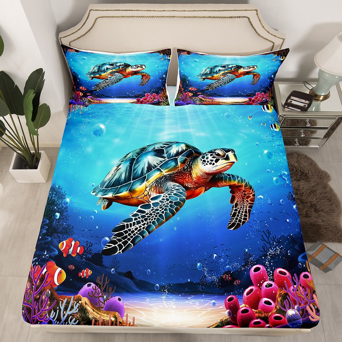 Sea Turtle Bed Sheets Underwater World Bedding Set for Boys,Nautical ...
