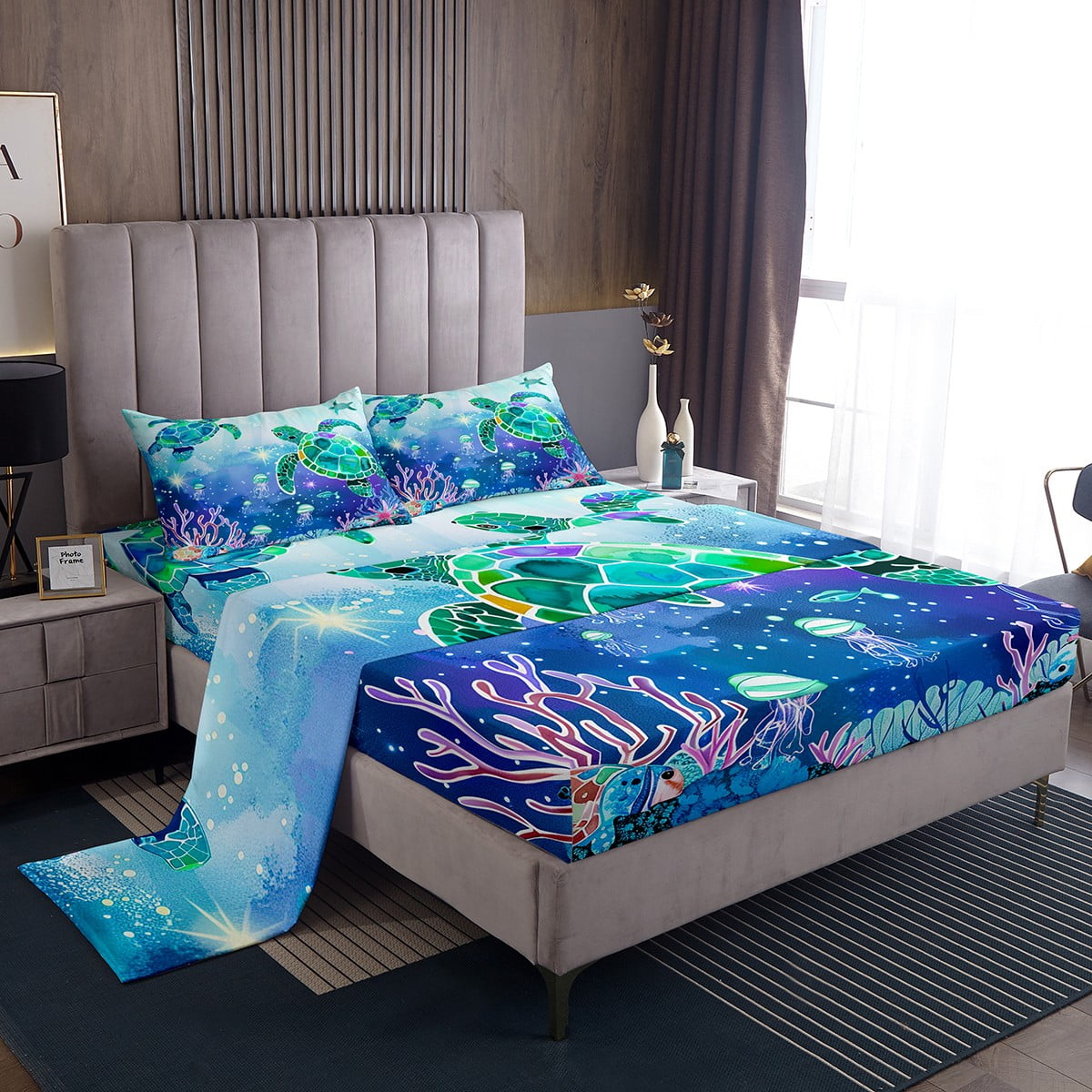 Sea Turtle Bed Sheets Set Coastal Sheet Set Full,Nautical Sea Animal ...