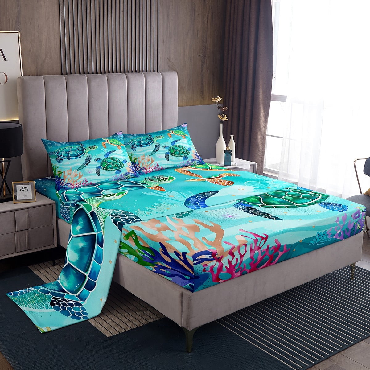 Sea Turtle Bed Sheets Set Coastal Sheet Set Full,Nautical Sea Animal ...