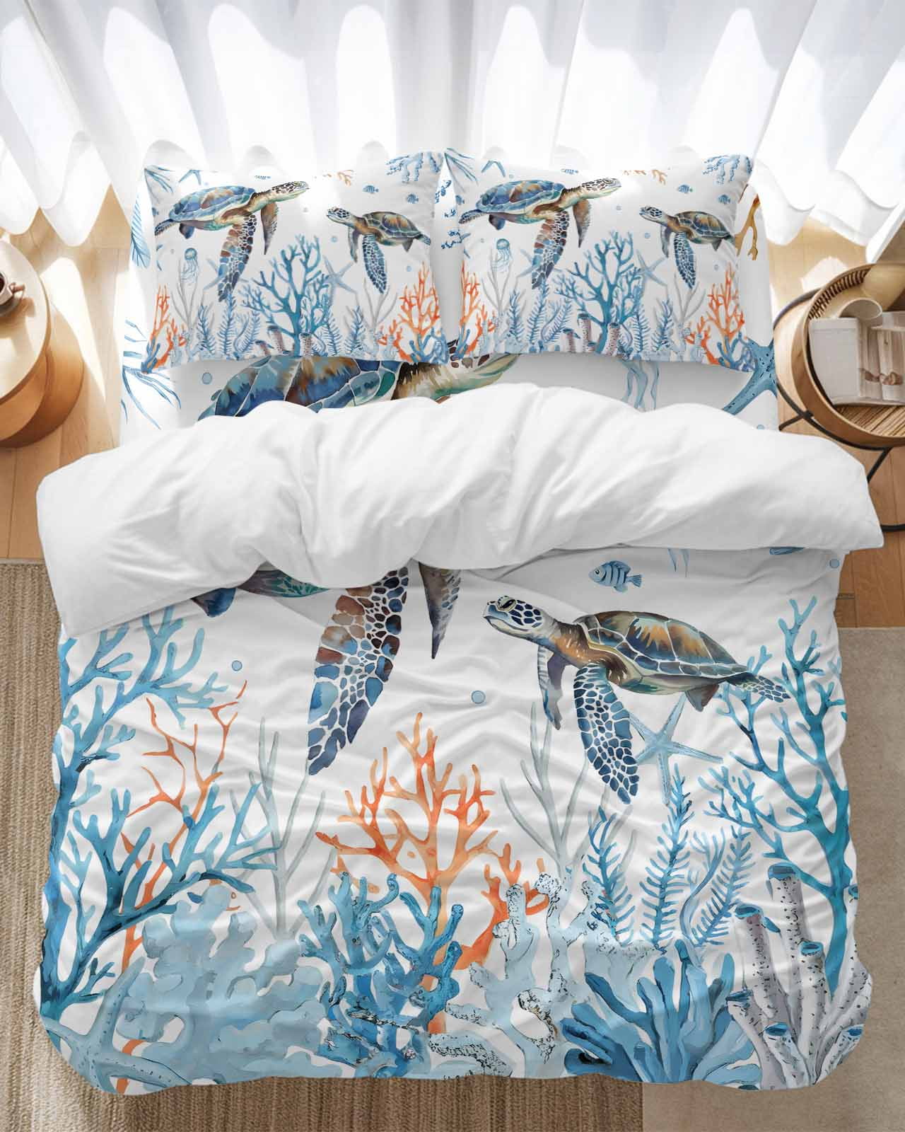 Sea Turtle Bedding Duvet Cover Set Full Size 4 Pieces Seagrass Coral ...