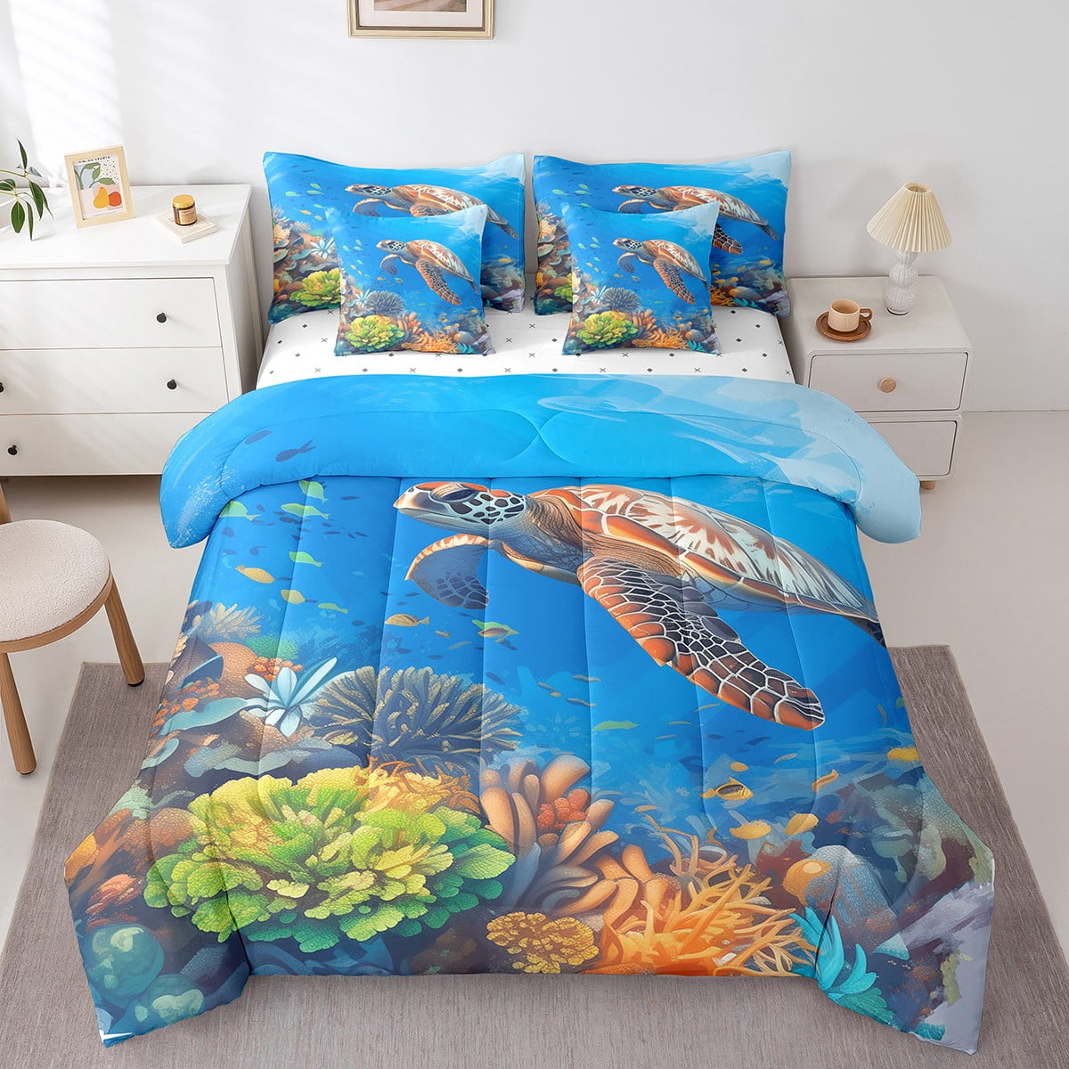 Sea Turtle Bedding Queen Size 7pcs For Kids Boys Girls Ocean Fish ...
