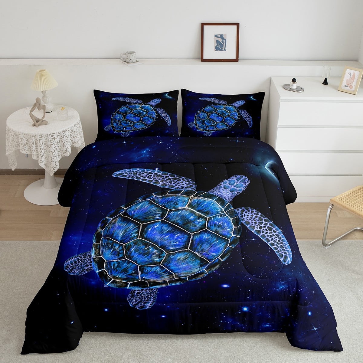 Erosebridal Nautical Sea Turtle Bedding Set, Blue Galaxy Moon Comforter, Queen Quilt Starry Sky ...