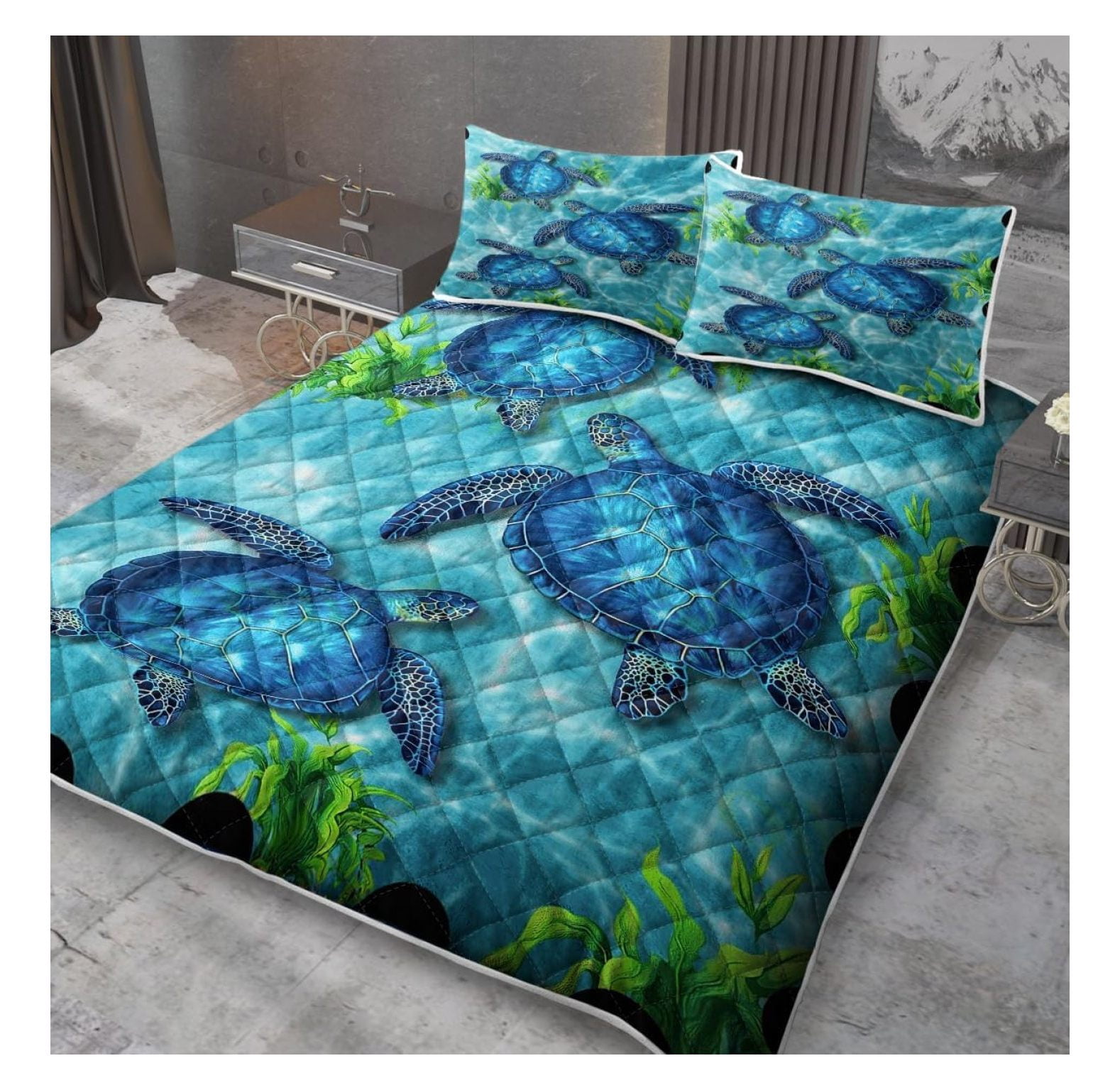Sea Turtle Bedding Set Full Size, 3-Piece Ocean Themed Quilt Coverlet ...