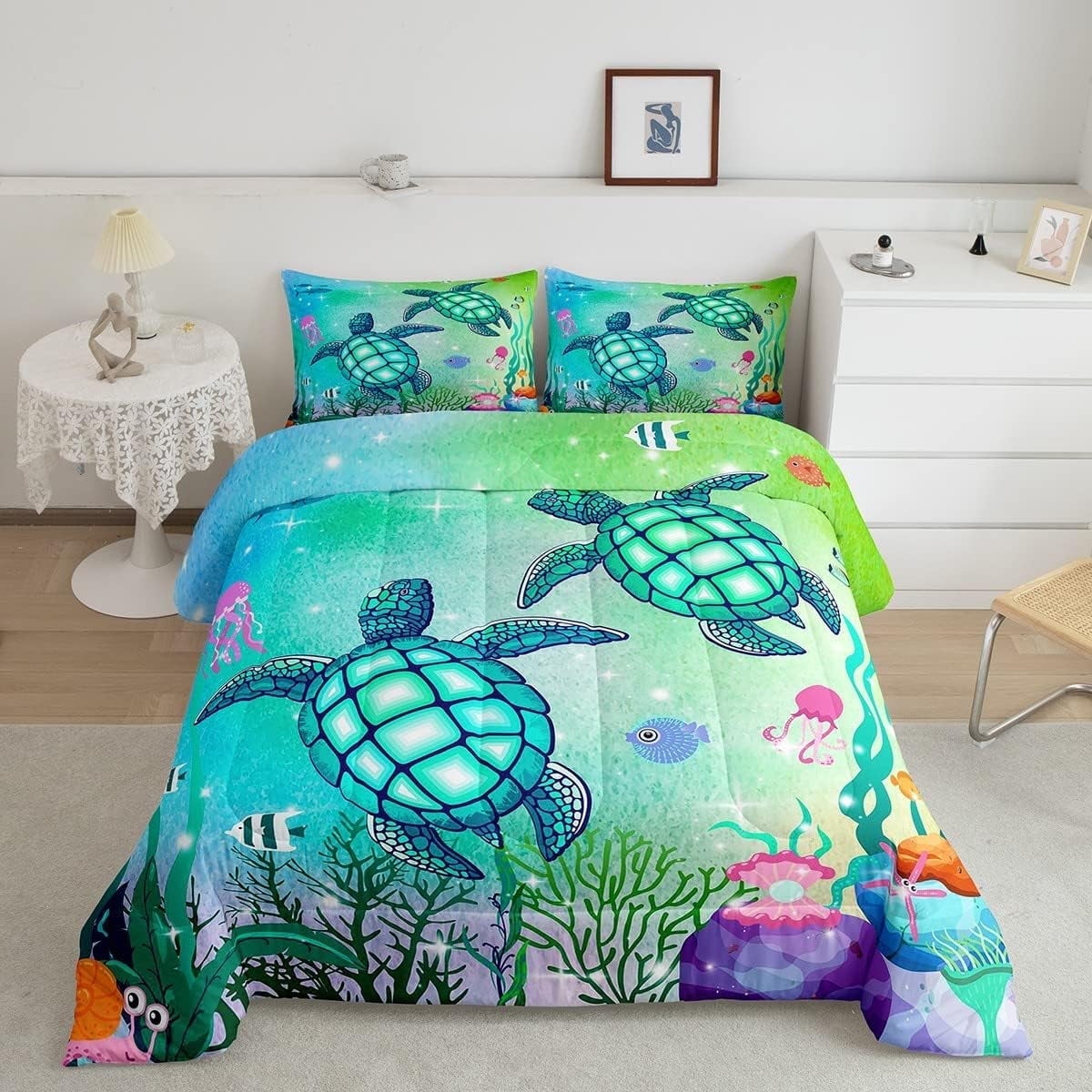 Sea Turtle Bedding Set Green Blue Ocean Duvet Insert Full,Colorful ...