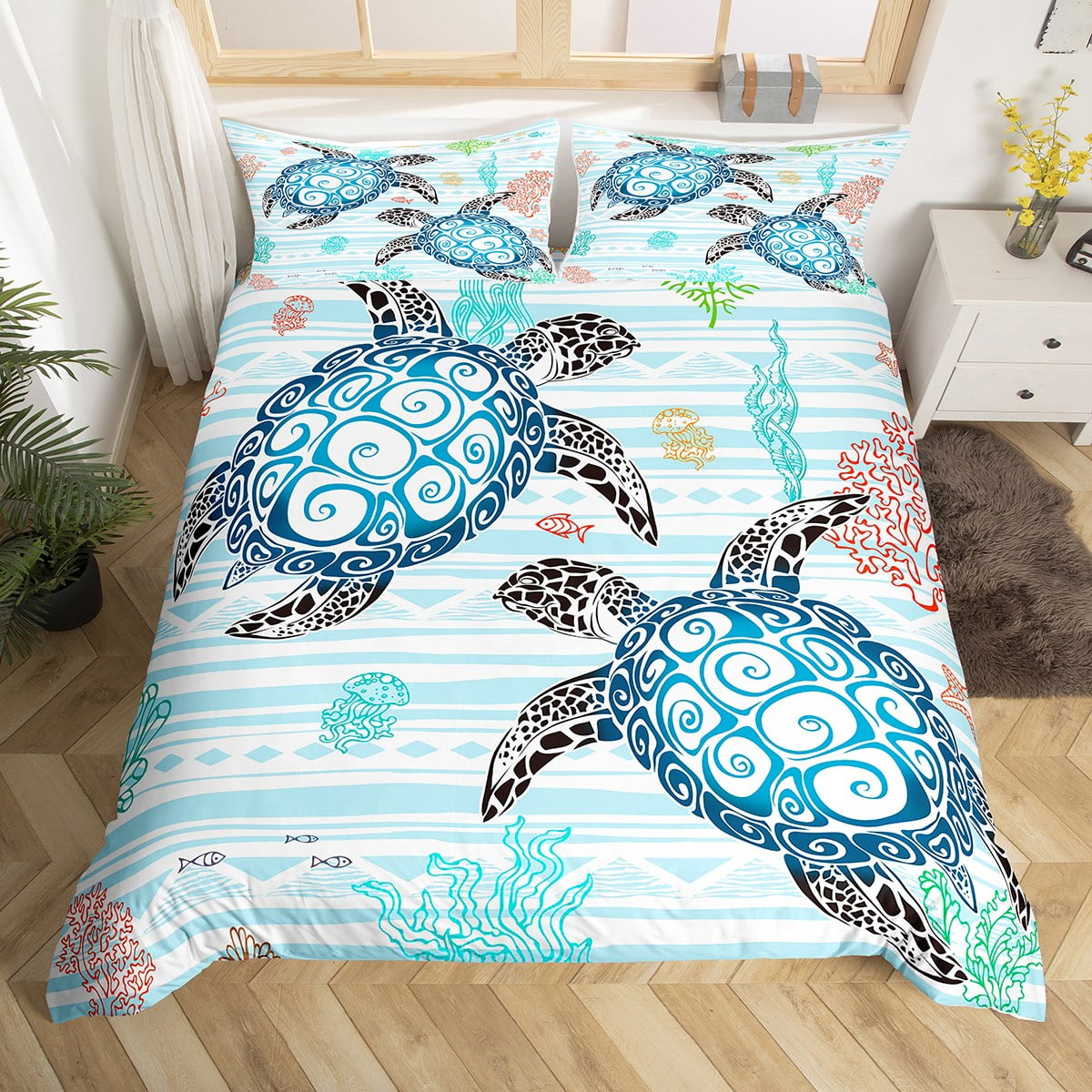 Sea Turtle Bedding Set Kawaii Room Decor, Coastal Beach Comforter Cover ...