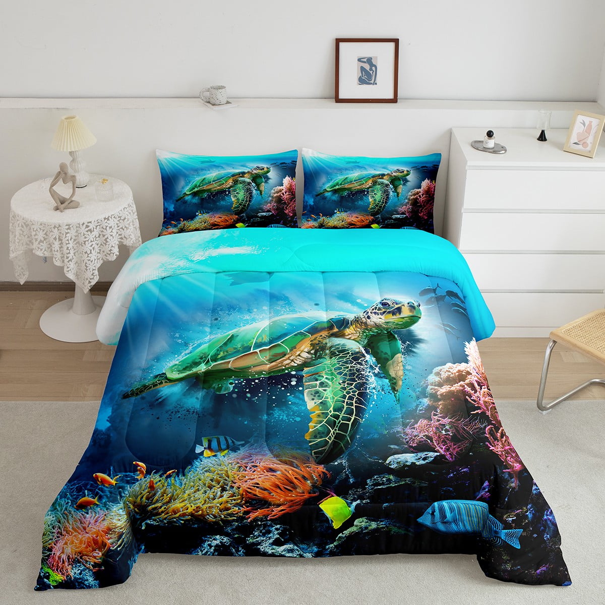 Sea Turtle Bedding Set Rainbow Coral Quilt for Boys,Tropical Sealife ...