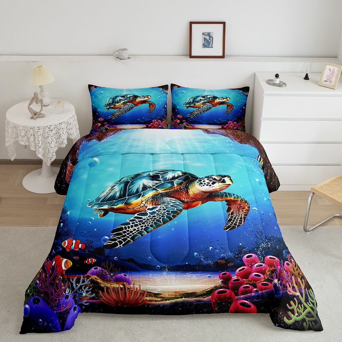 Sea Turtle Bedding Set Underwater World Quilt for Boys,Nautical Sea ...