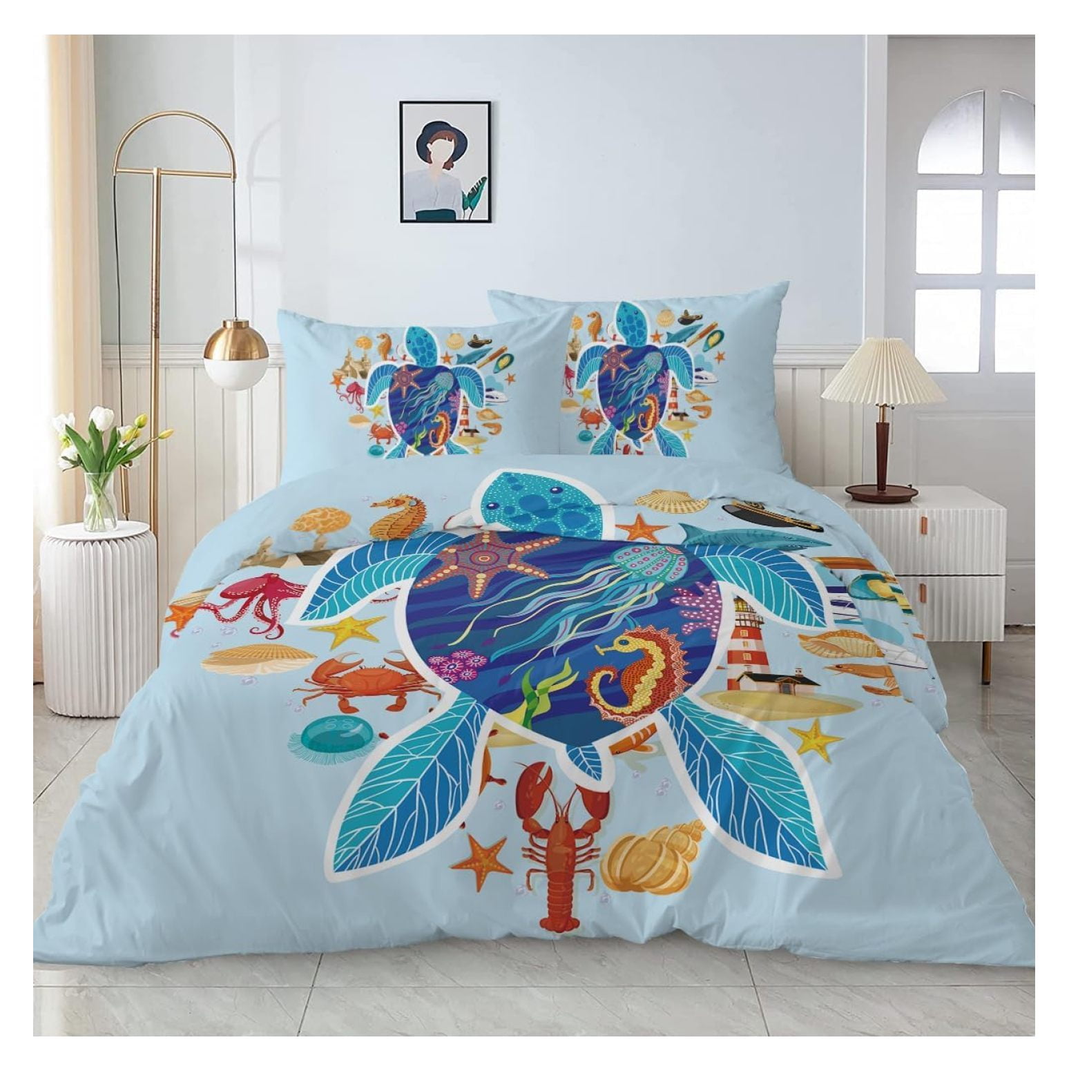 Sea Turtle Bedding Starfish Crab Seahorse Ocean Blue Bedspreads 3 Piece ...
