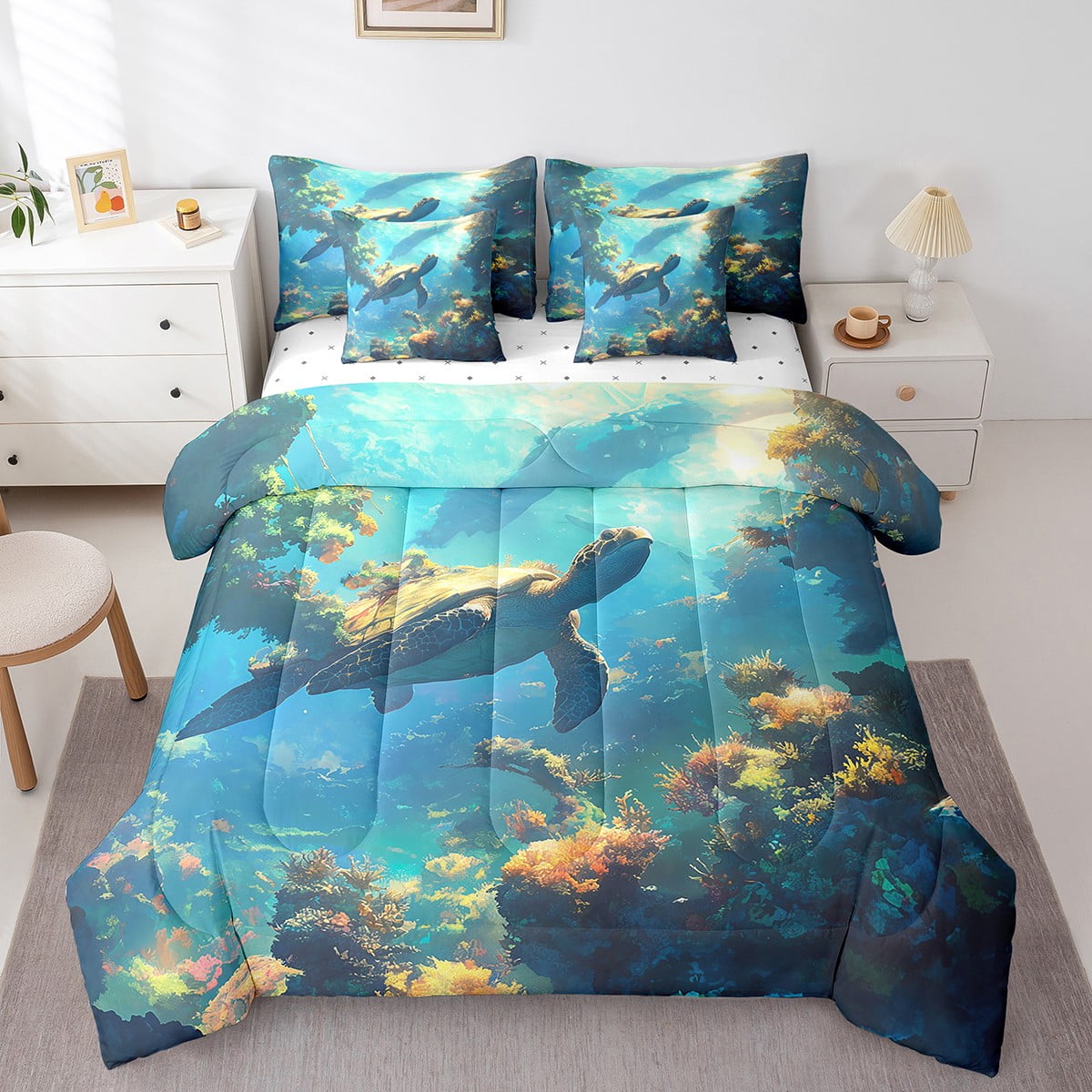 Sea Turtle Bedding Twin Size 7pcs For Kids Boys Girls Cartoon Sea ...