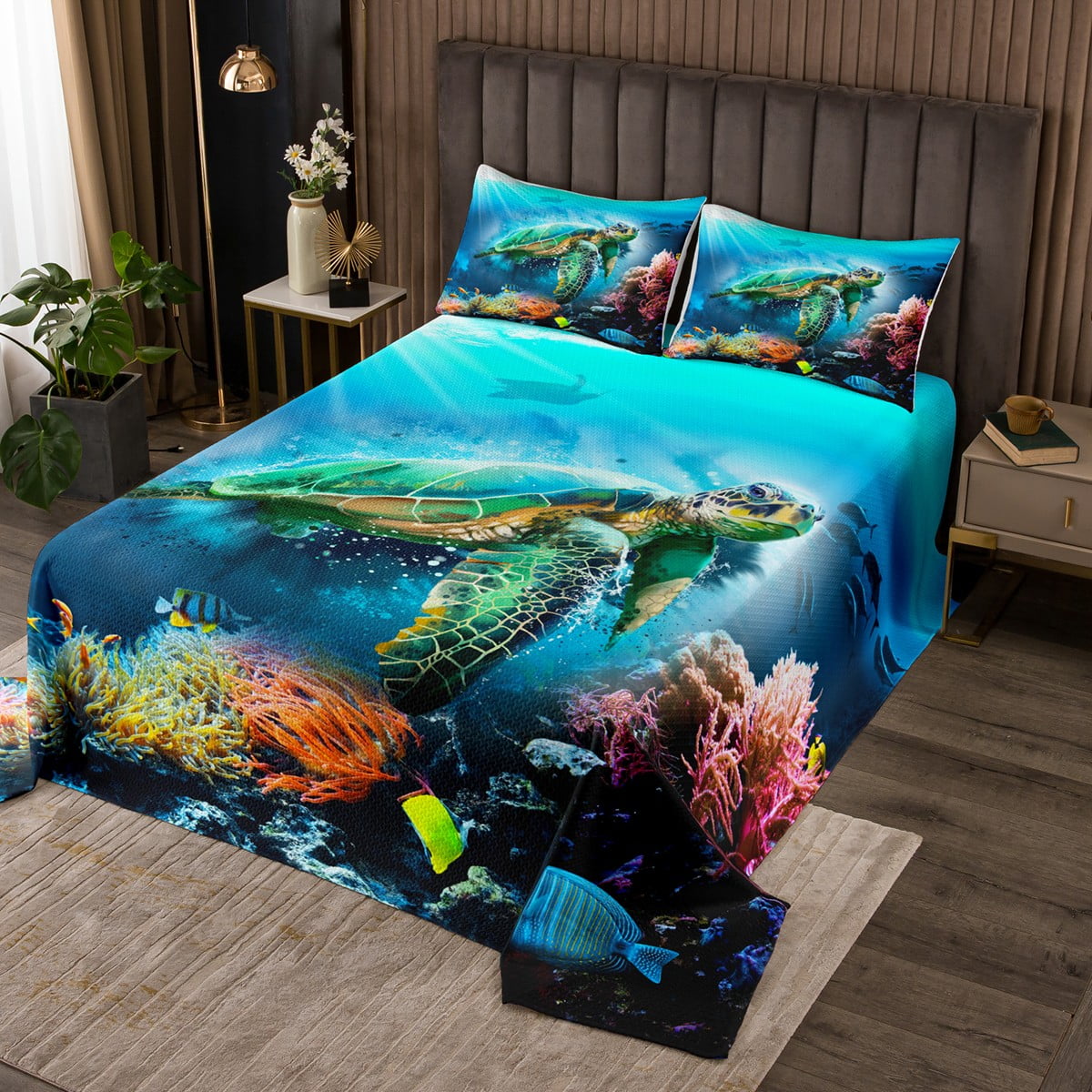 Sea Turtle Bedspread Set Rainbow Coral Coverlet Set for Boys,Tropical ...