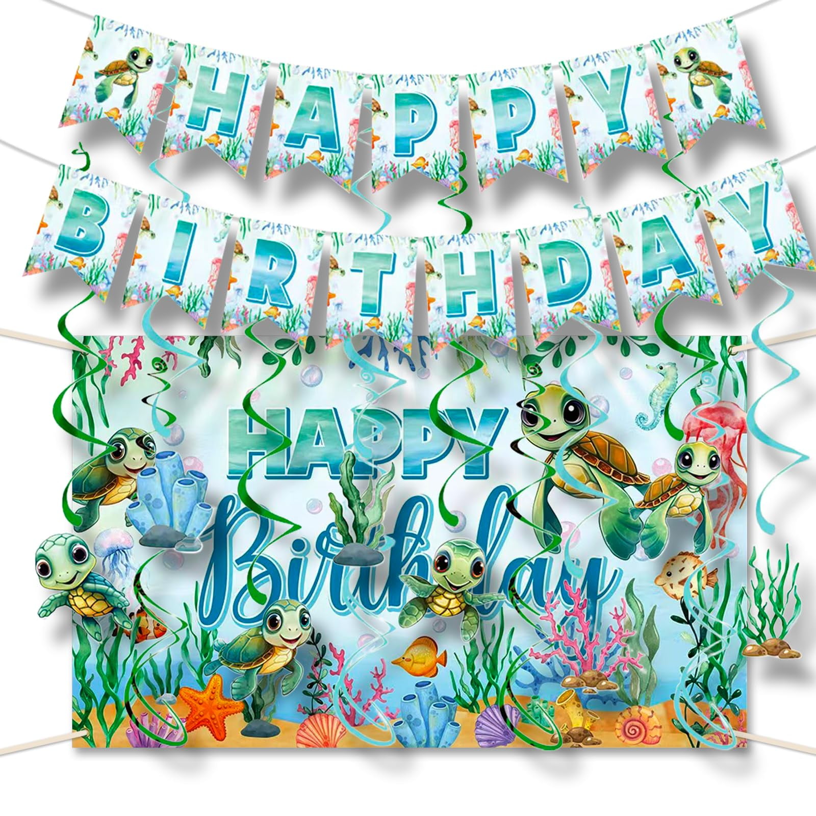Sea Turtle Birthday Decorations Include Happy Birthday Banner, Backdrop ...