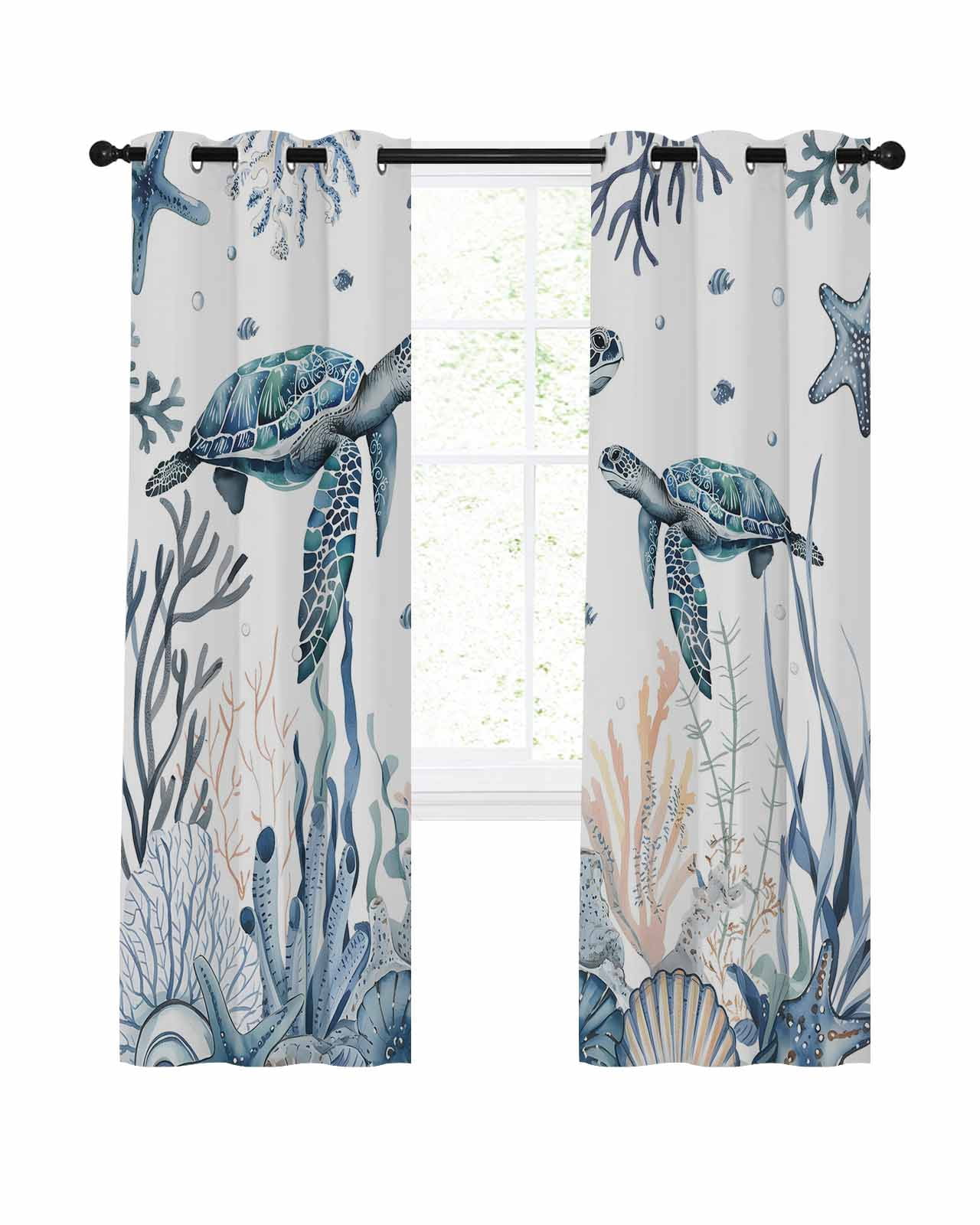 Sea Turtle Blackout Curtains 84 Inch Length Starfish Seagrass Coral ...