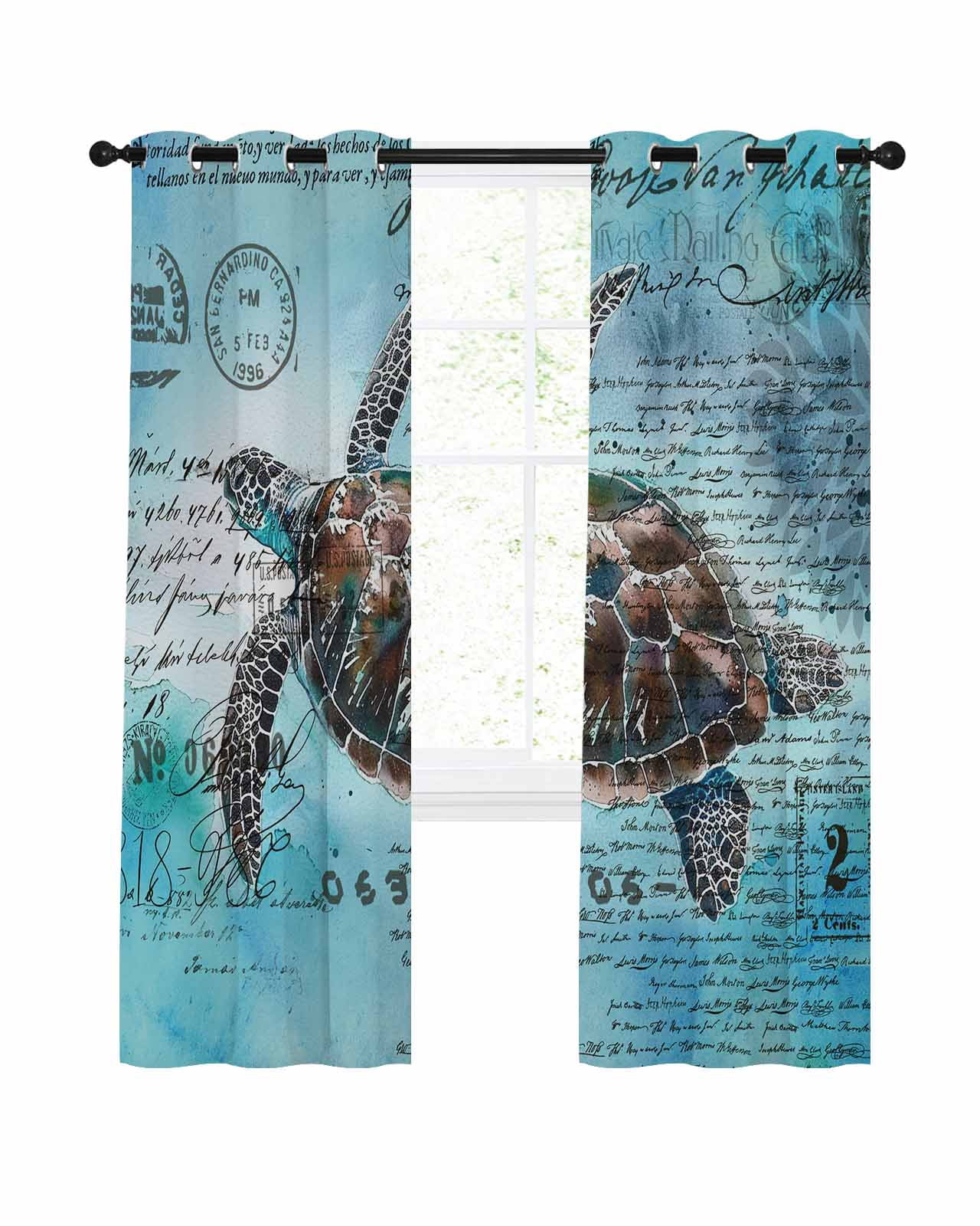 Sea Turtle Blackout Curtains 84 Inches Long for Bedroom, Blue Coastal ...